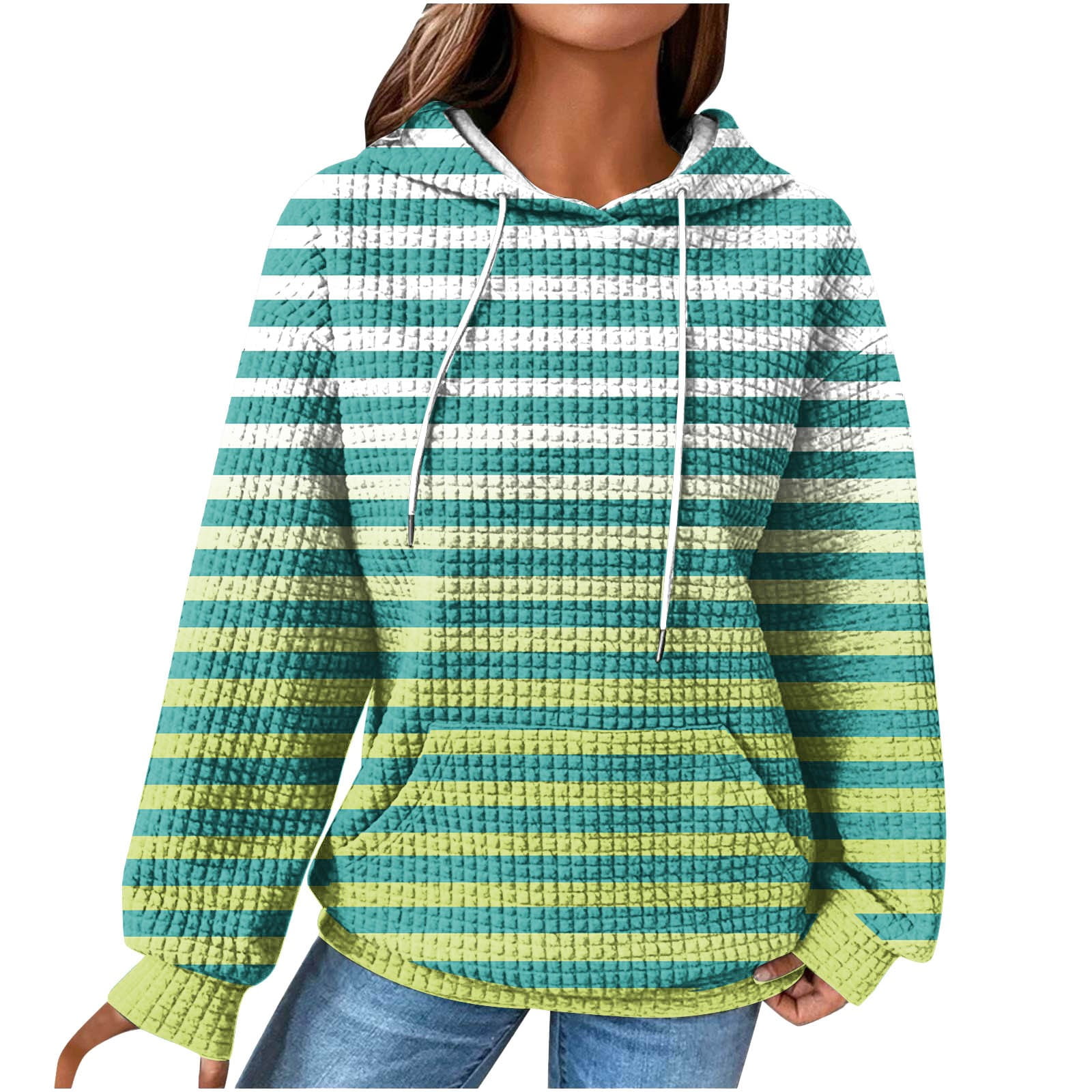LMKIHUSA Women Hoodie Sweatshirt,Striped Waffle Knit Pullover for Women ...