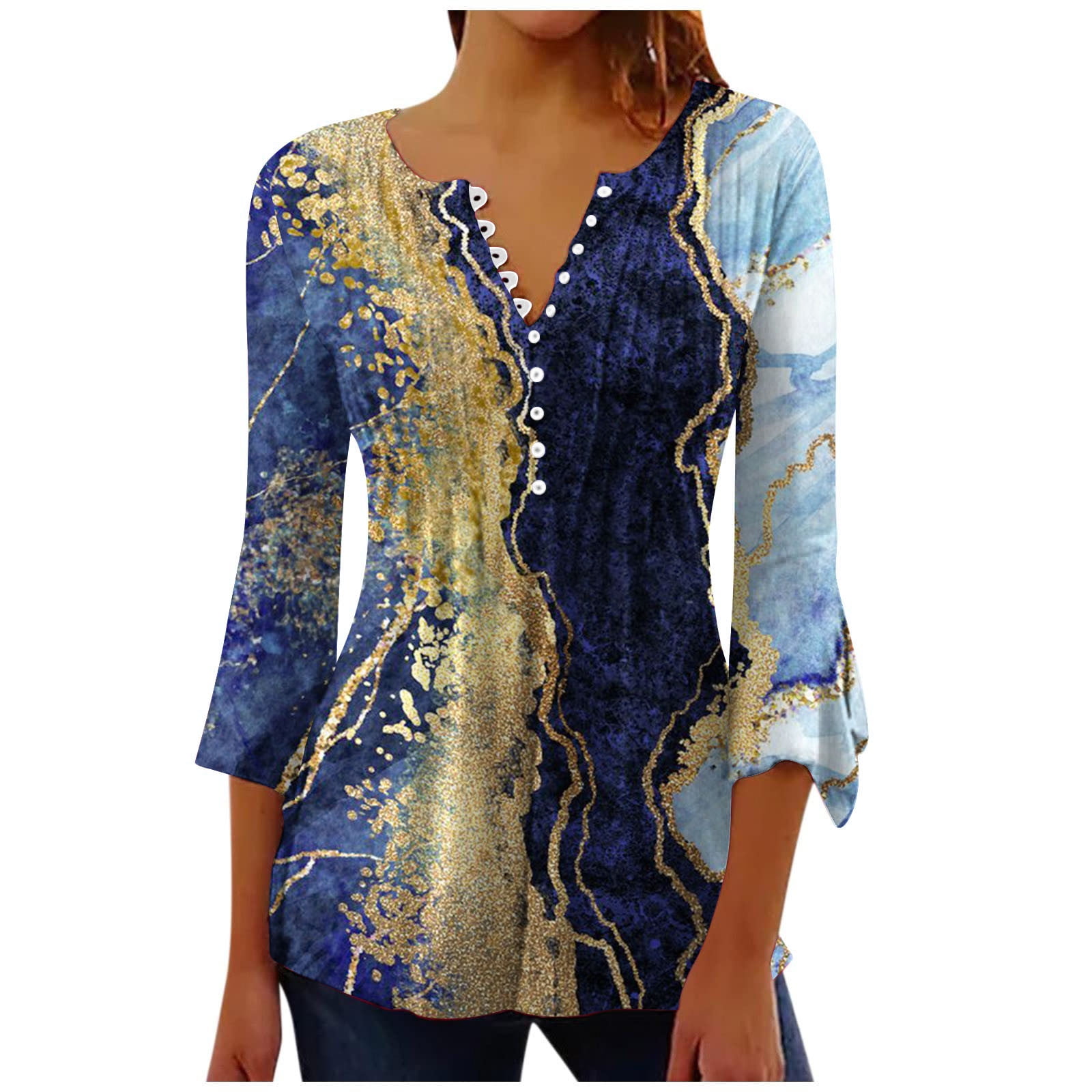 LMKIHUSA Womens Bohemian Tunic Tops,Bell 3/4 Sleeve Shirts for Women V ...