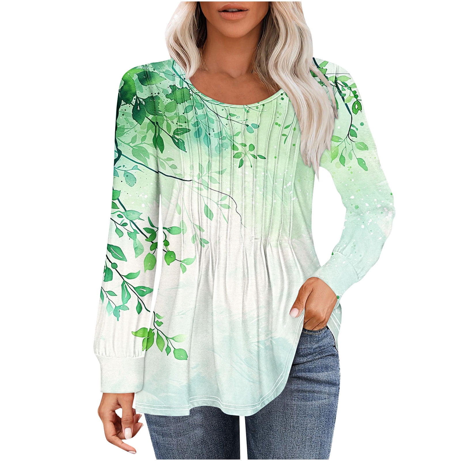LMKIHUSA Womens Pleated Front Tunic Tops,Trendy Leaf Print Long Sleeve ...