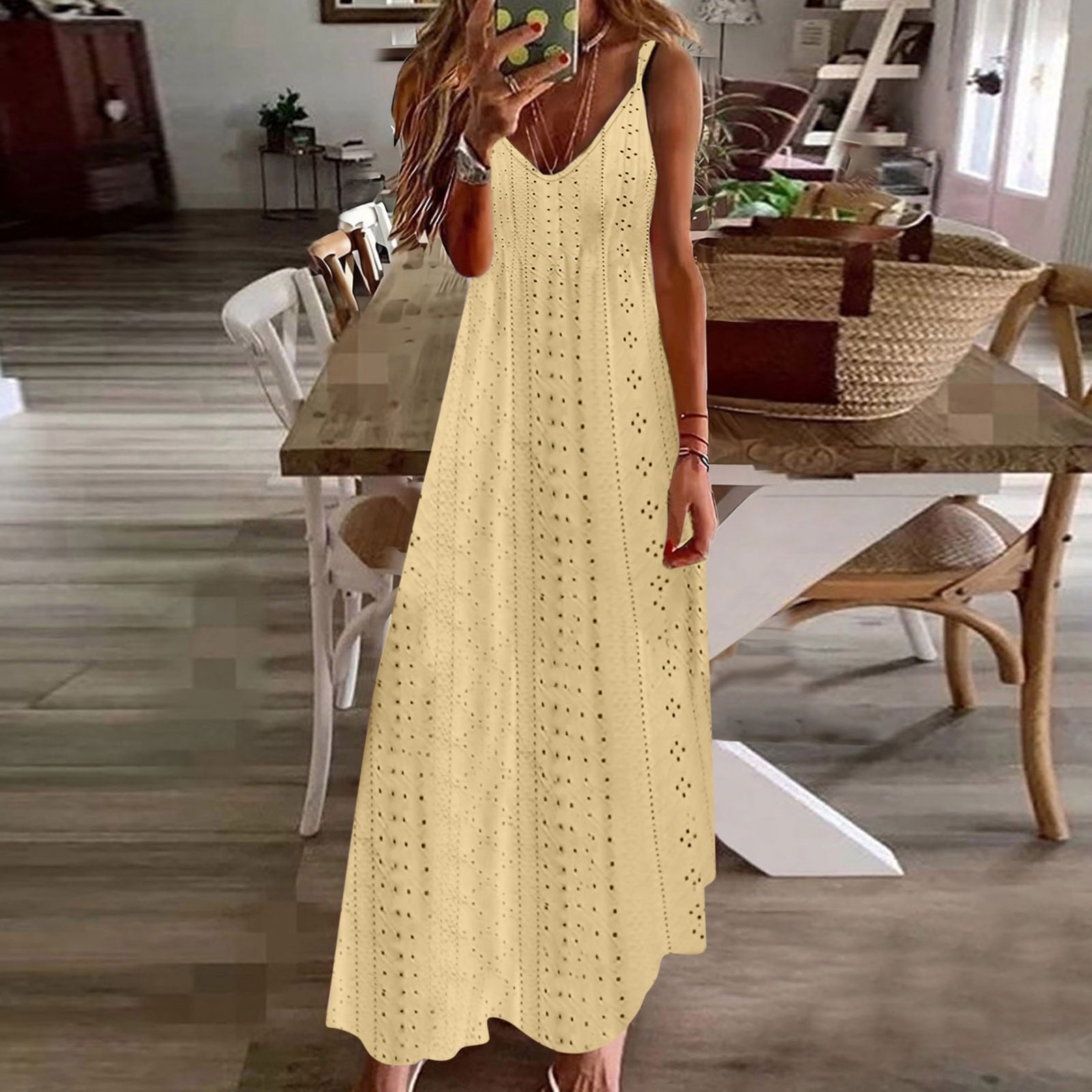 LMKIHUSA Womens Spaghetti Strap Sundress Casual Solid Color Eyelet ...