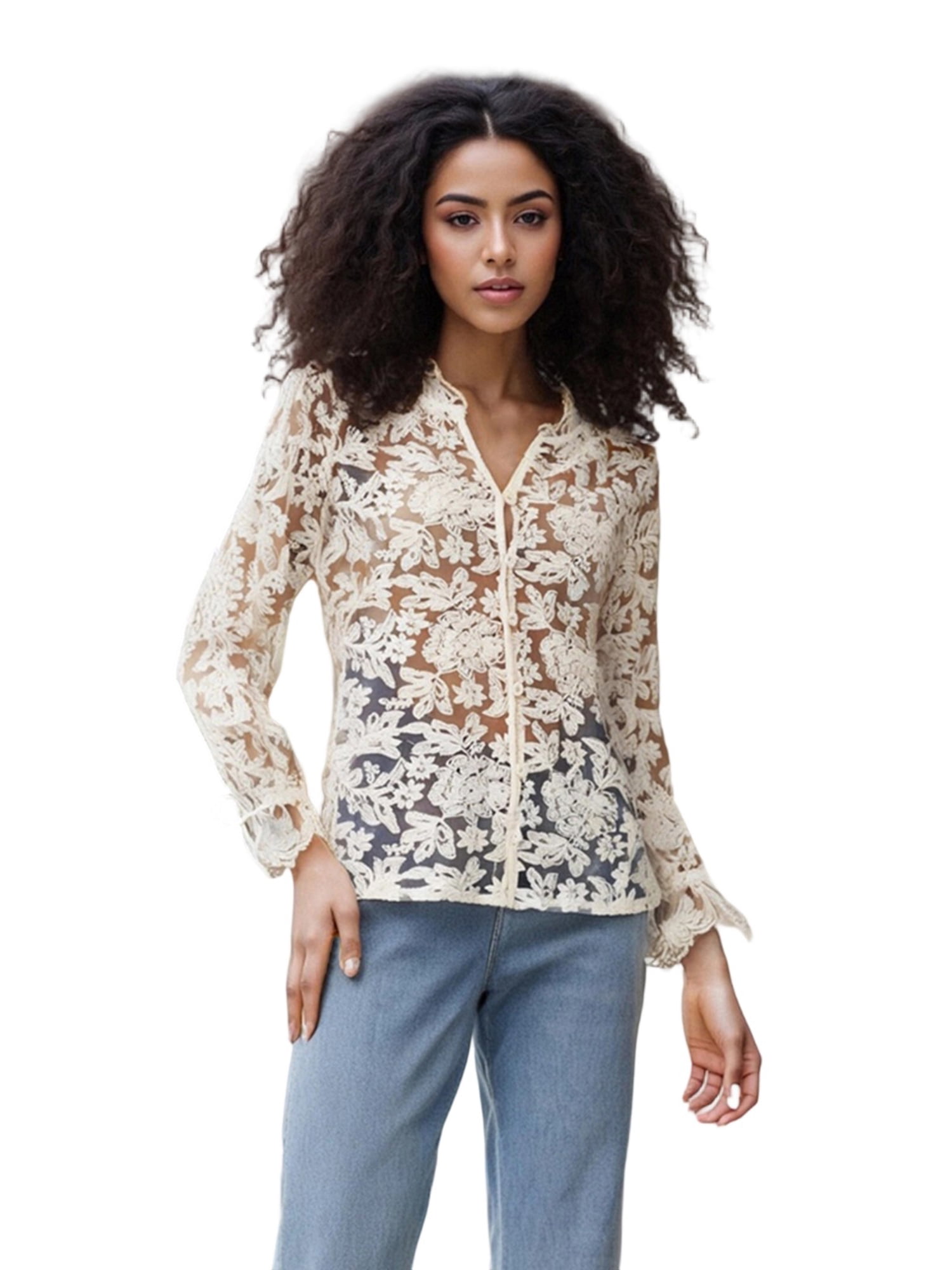 LMLYSoH Women Sheer Lace Blouse Causal Loose Flower V Neck Long Flare ...