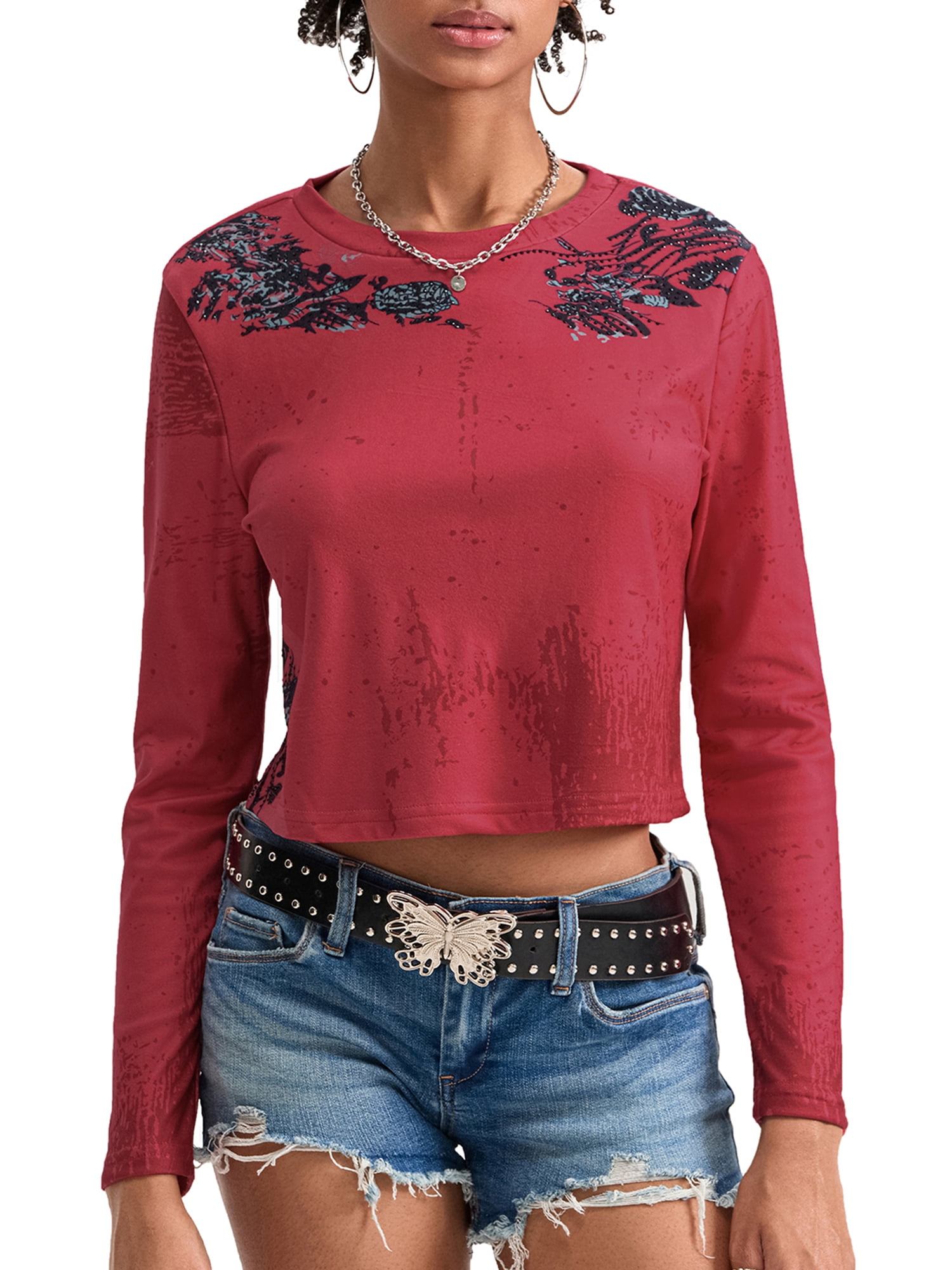 LMLYSoH Women's Aesthetic Gothic Tops Retro Floral Print Bead Decor ...
