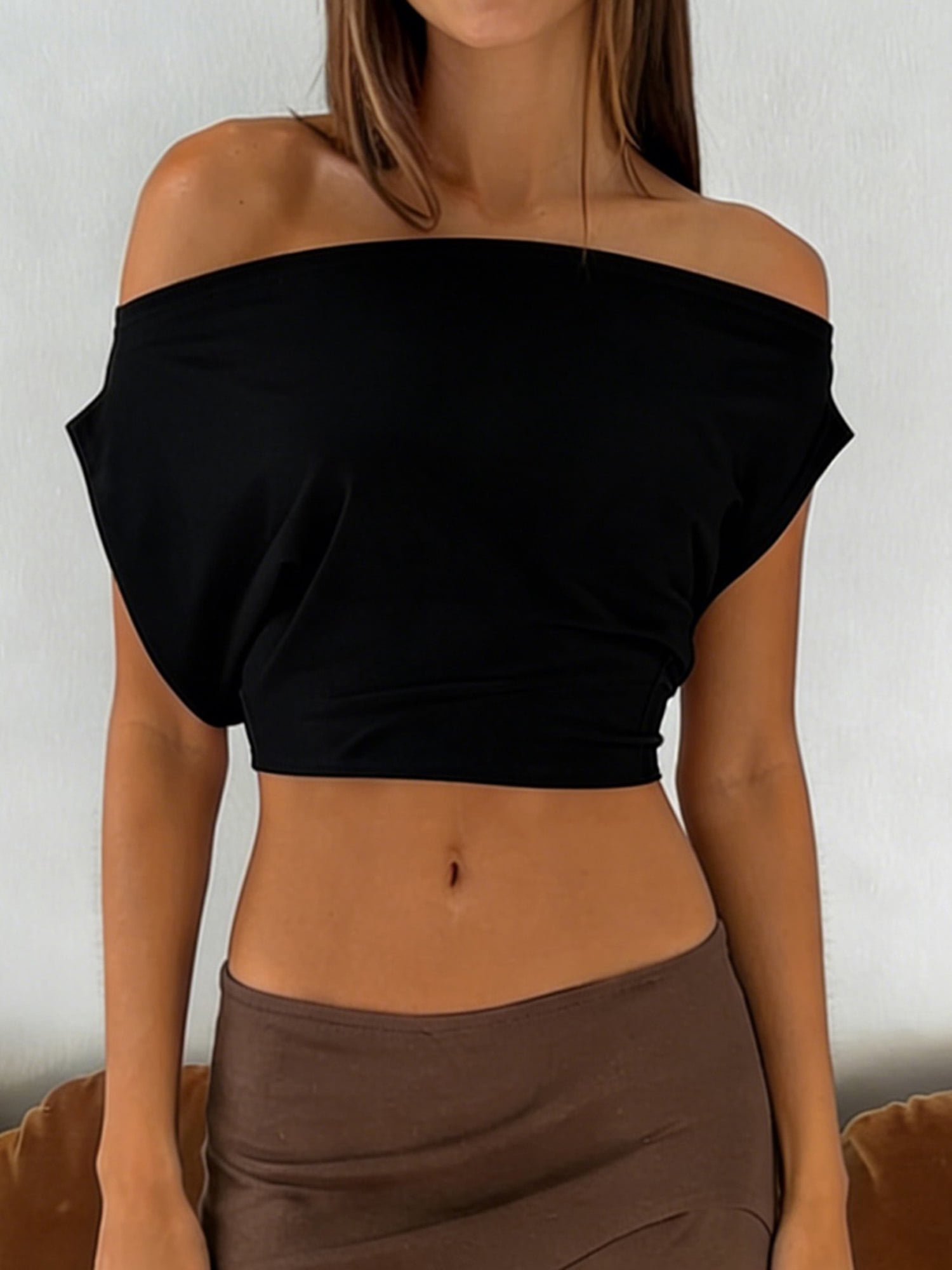 LMLYSoH Women's Cap Sleeve Crop Tops Solid Color Off Shoulder Boat Neck ...