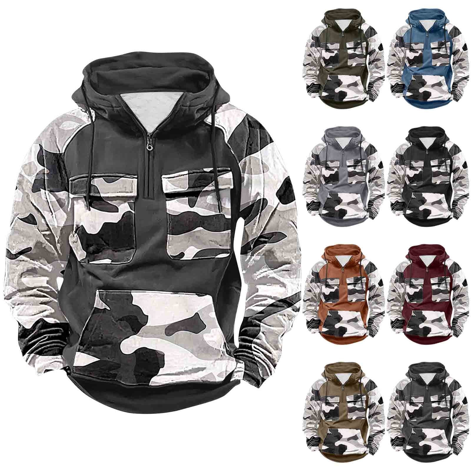LMOIPLI Camouflage Print Hoodies for Men Military Mens Fleece Lined ...