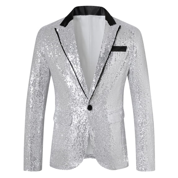 LMOIPLI Men Full Sequined Satin Trim Shawl Lapel Single Button Tuxedo ...