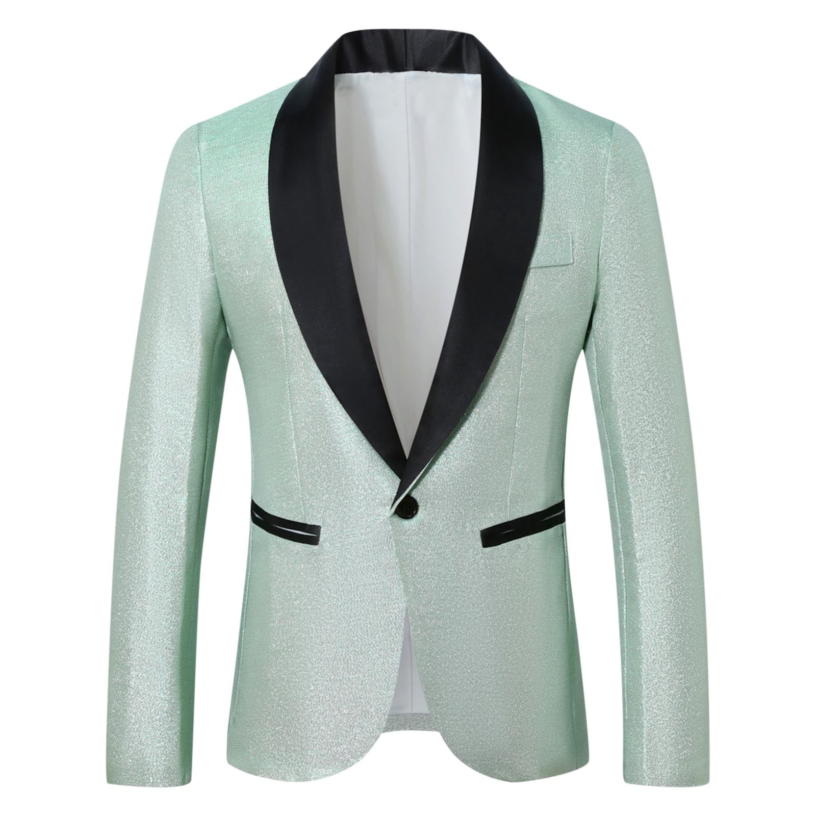 LMOIPLI Men Glitter Fabric Satin Shawl Lapel Single Button Blazer Stage ...