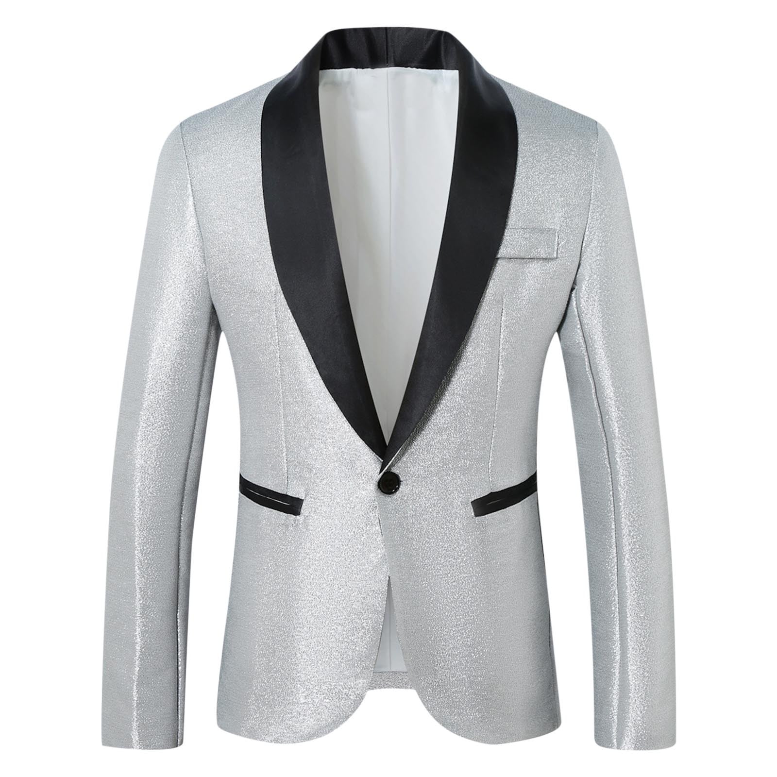 LMOIPLI Men Glitter Fabric Satin Shawl Lapel Single Button Blazer Stage ...