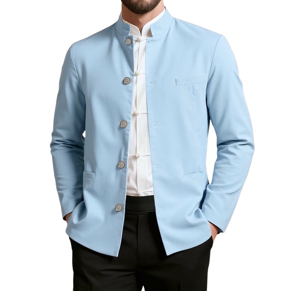 LMOIPLI Men Mandarin Collar Frog Button Casual Blazer Jacket Stand ...