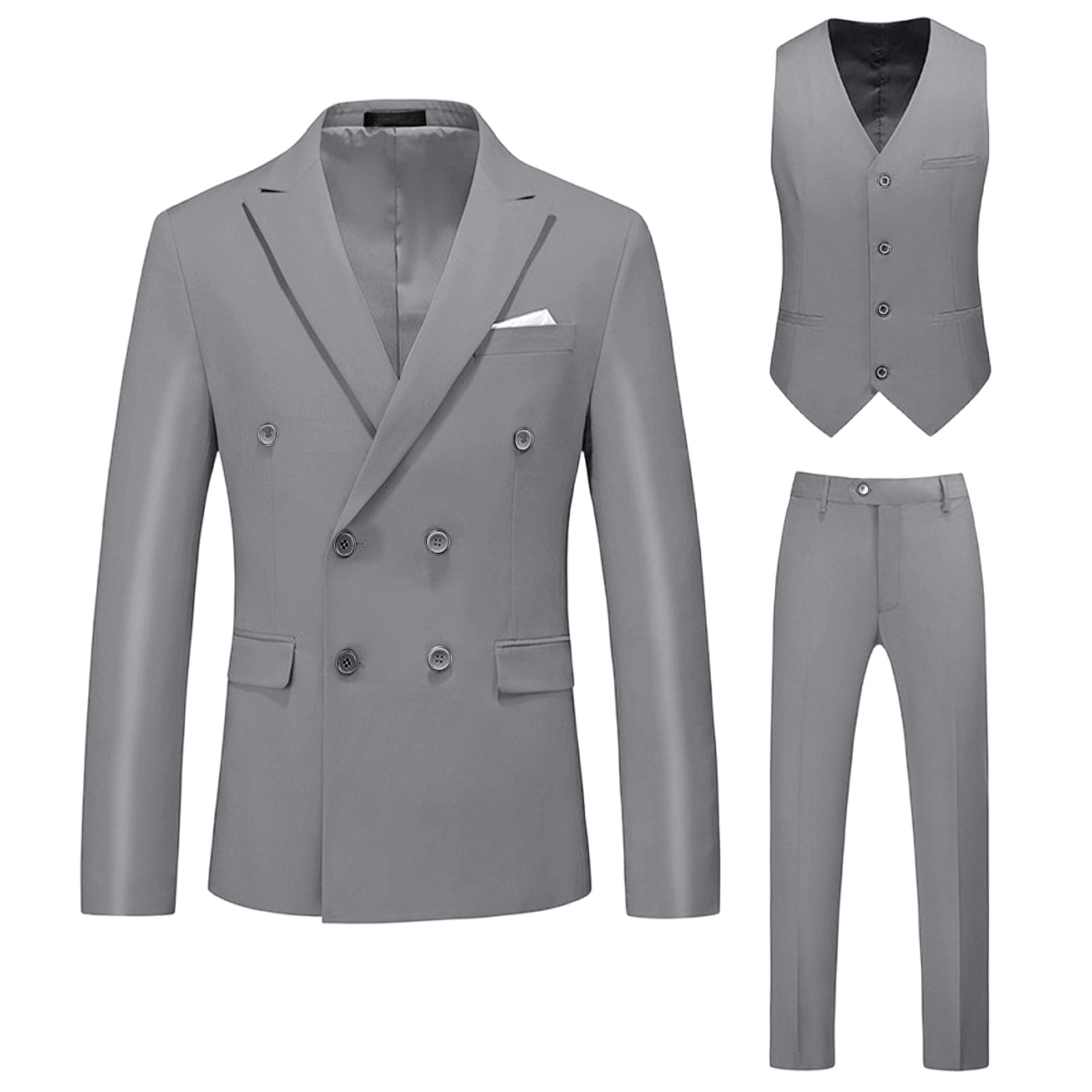 LMOIPLI Men Solid Notch Lapel Double Breasted Three Piece Suit Wedding ...