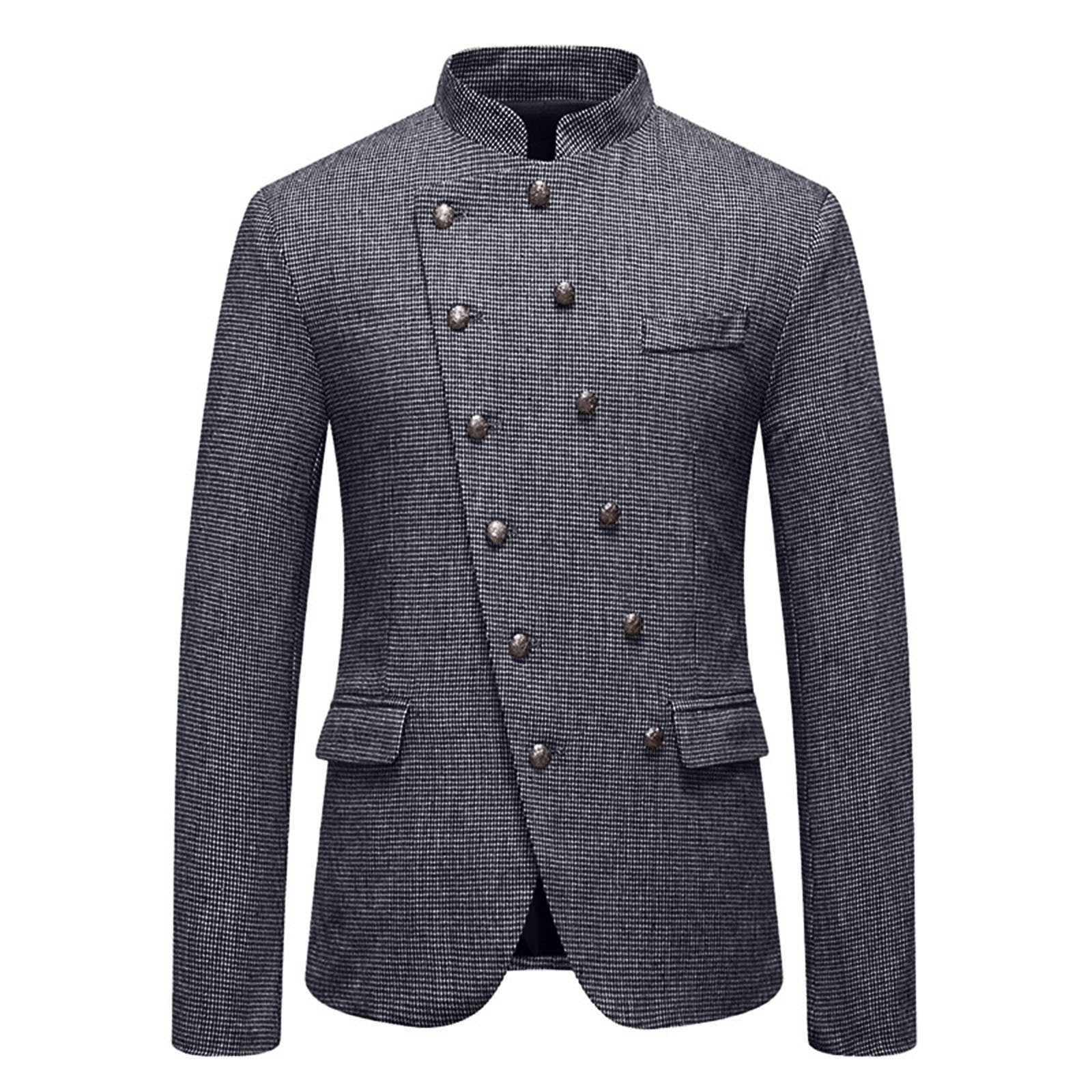 LMOIPLI Men Stand Collar Tweed Asymmetric Double Breasted Blazer ...