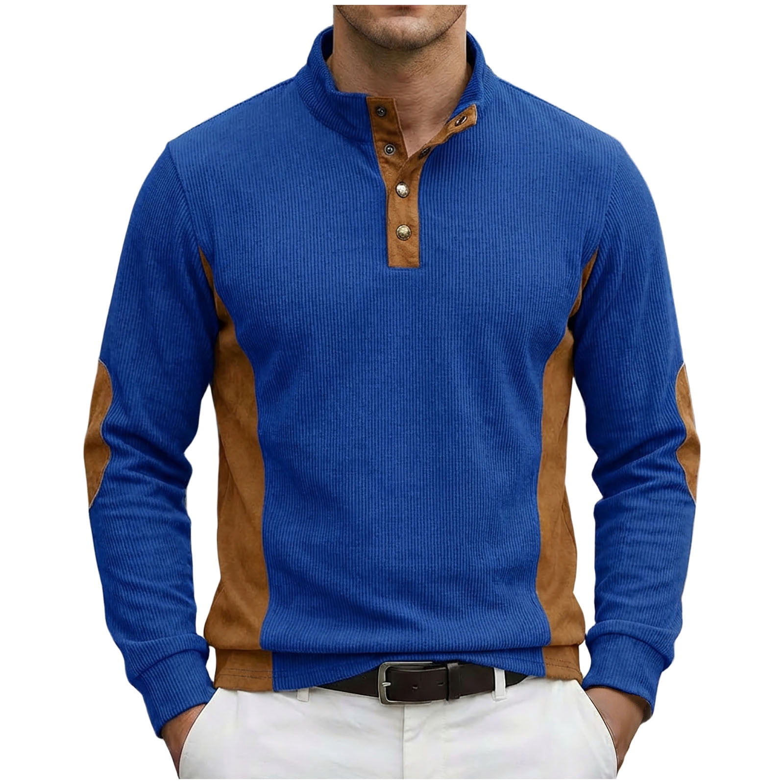 LMOIPLI Men's Casual Fashion Long Sleeve Shirts Corduroy Band Collar ...