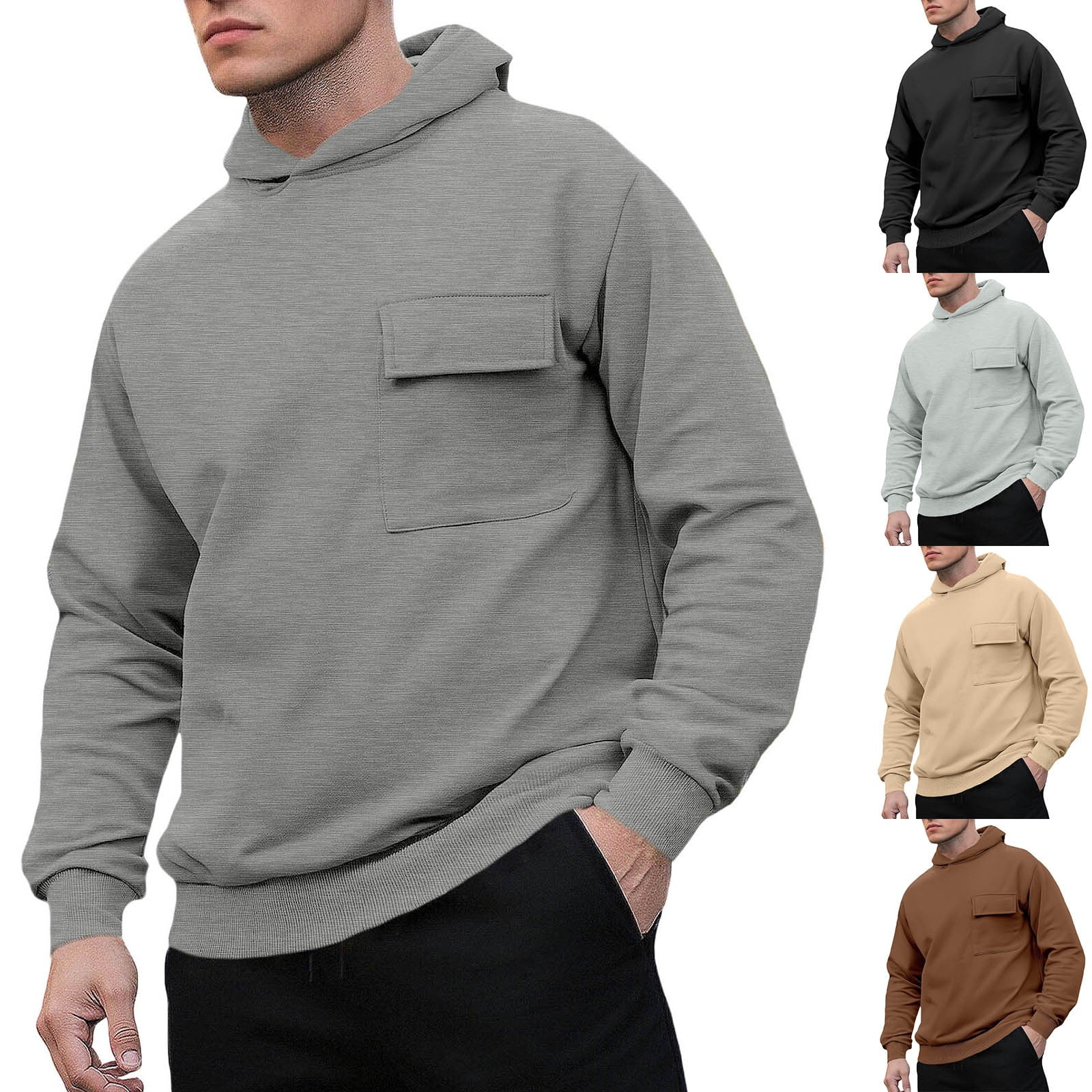 LMOIPLI Men's Casual Hoodie Sweatshirt Fall Winter Long Sleeve Solid ...