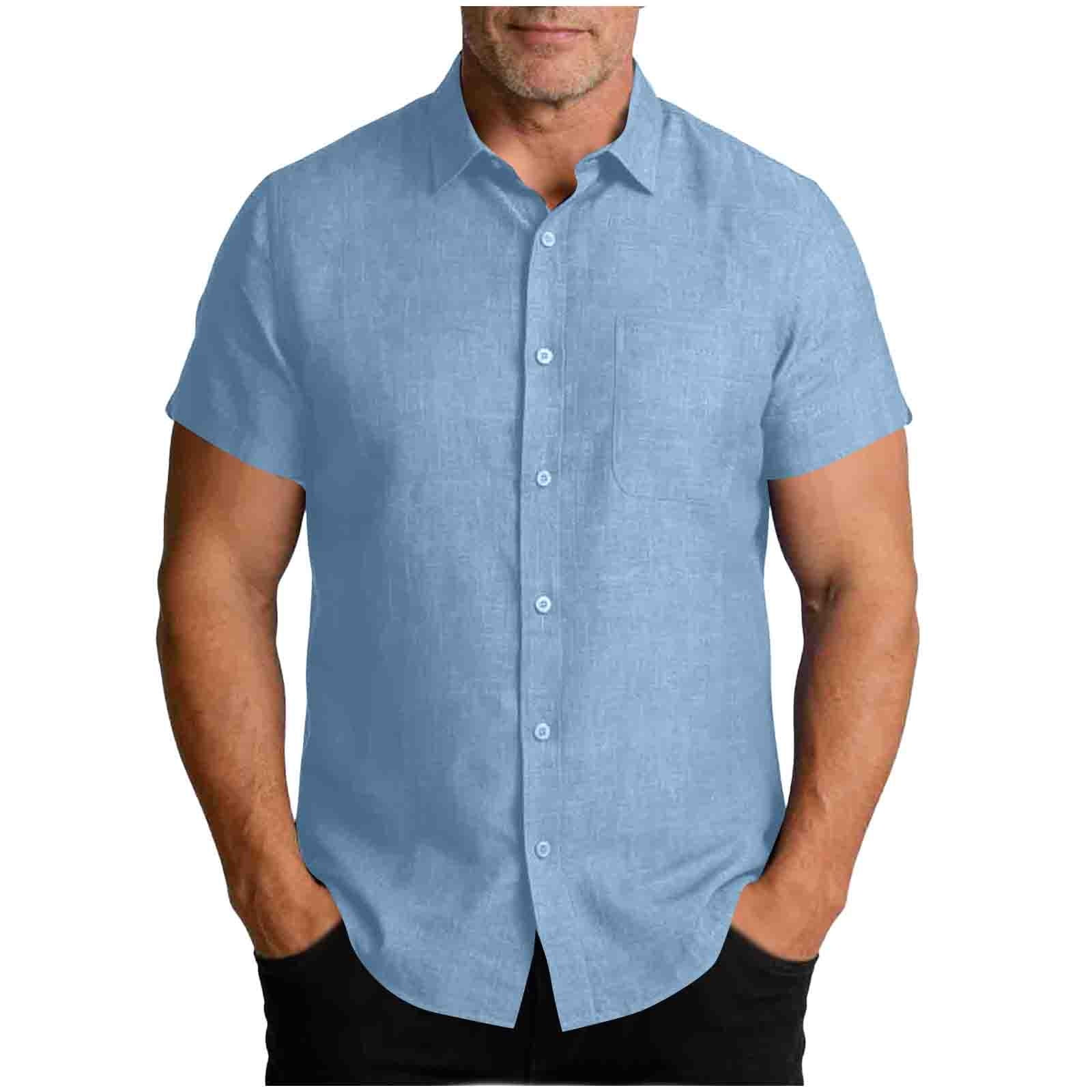 LMOIPLI Men's Casual Linen Shirts Short Sleeve Button Down Shirt Solid ...