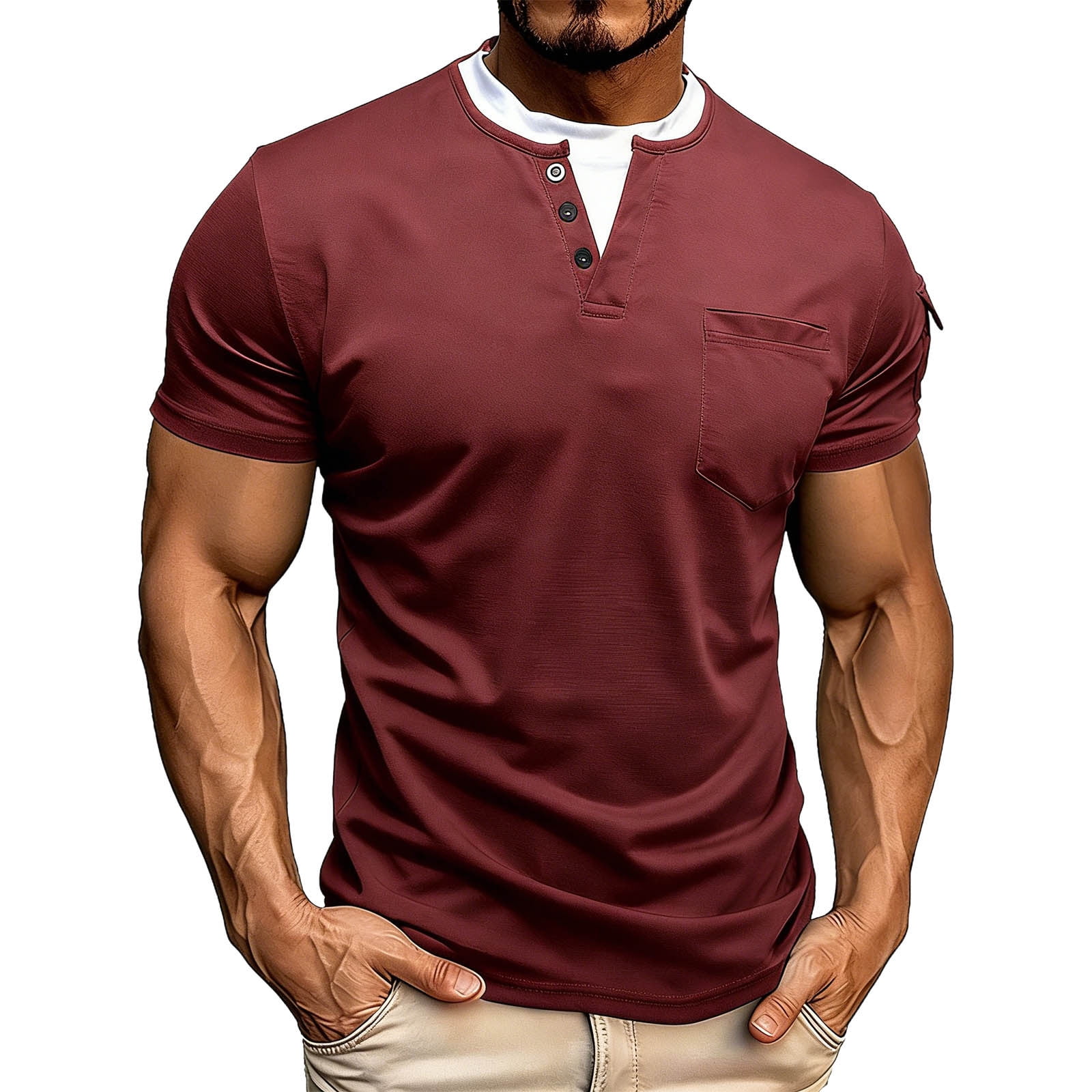 LMOIPLI Men's Short Sleeve Fake Two Pieces Henley Shirts Color Block ...