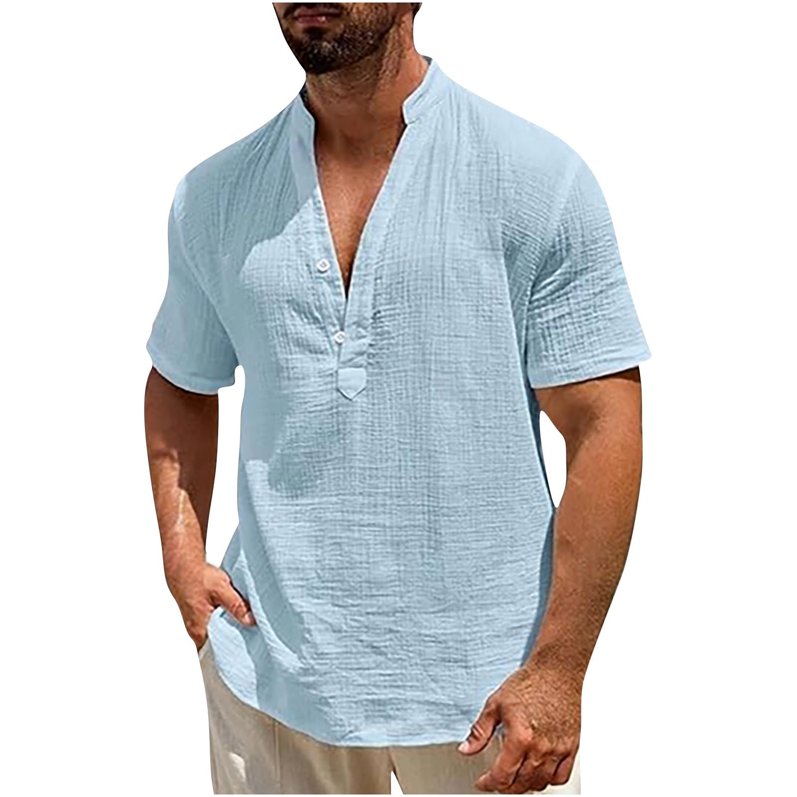 LMOIPLI Mens Band Collar Button Up Henley Shirts Beach Casual Short ...