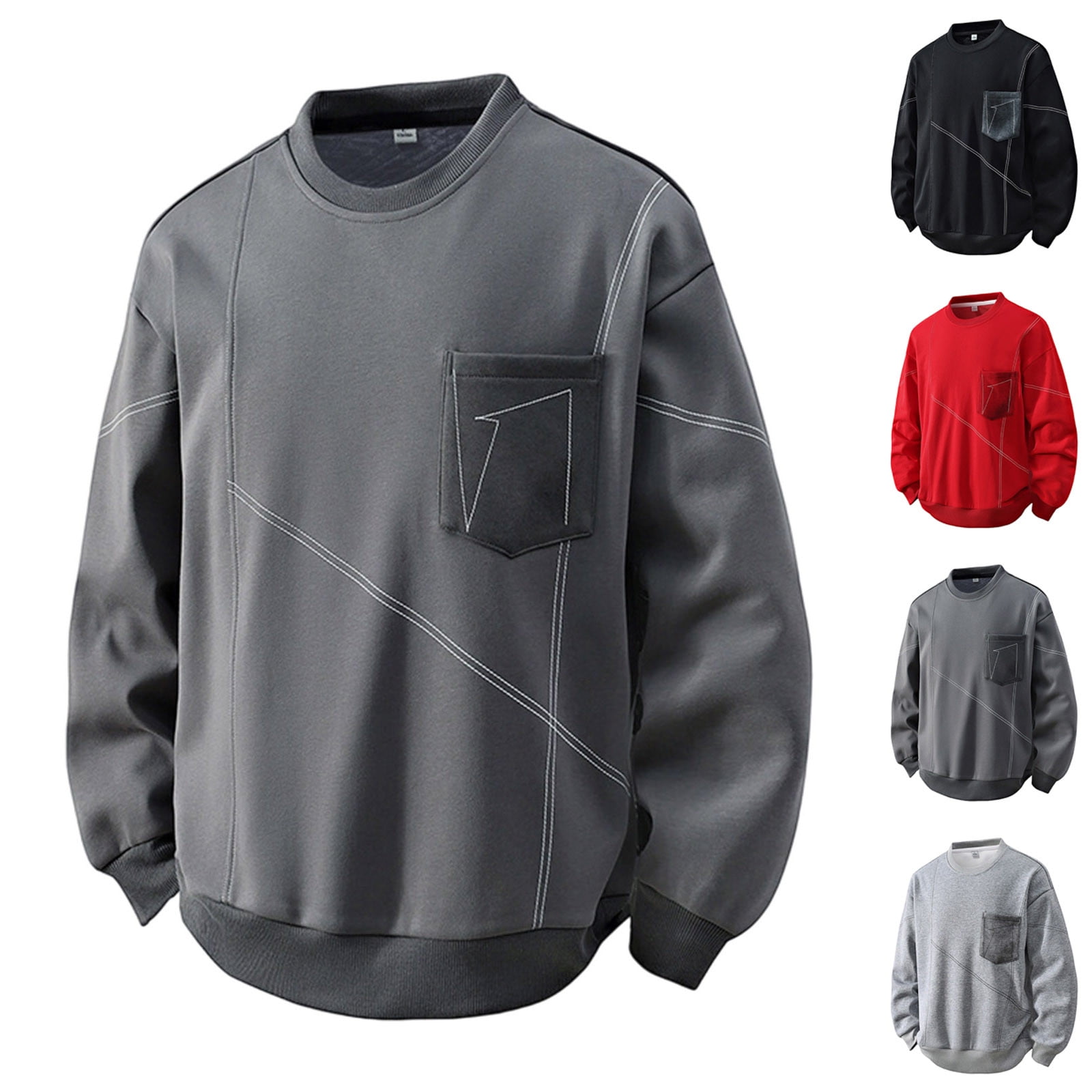 LMOIPLI Mens Crew Neck Sweatshirt Long Sleeve Patchwork Pullover Tops ...