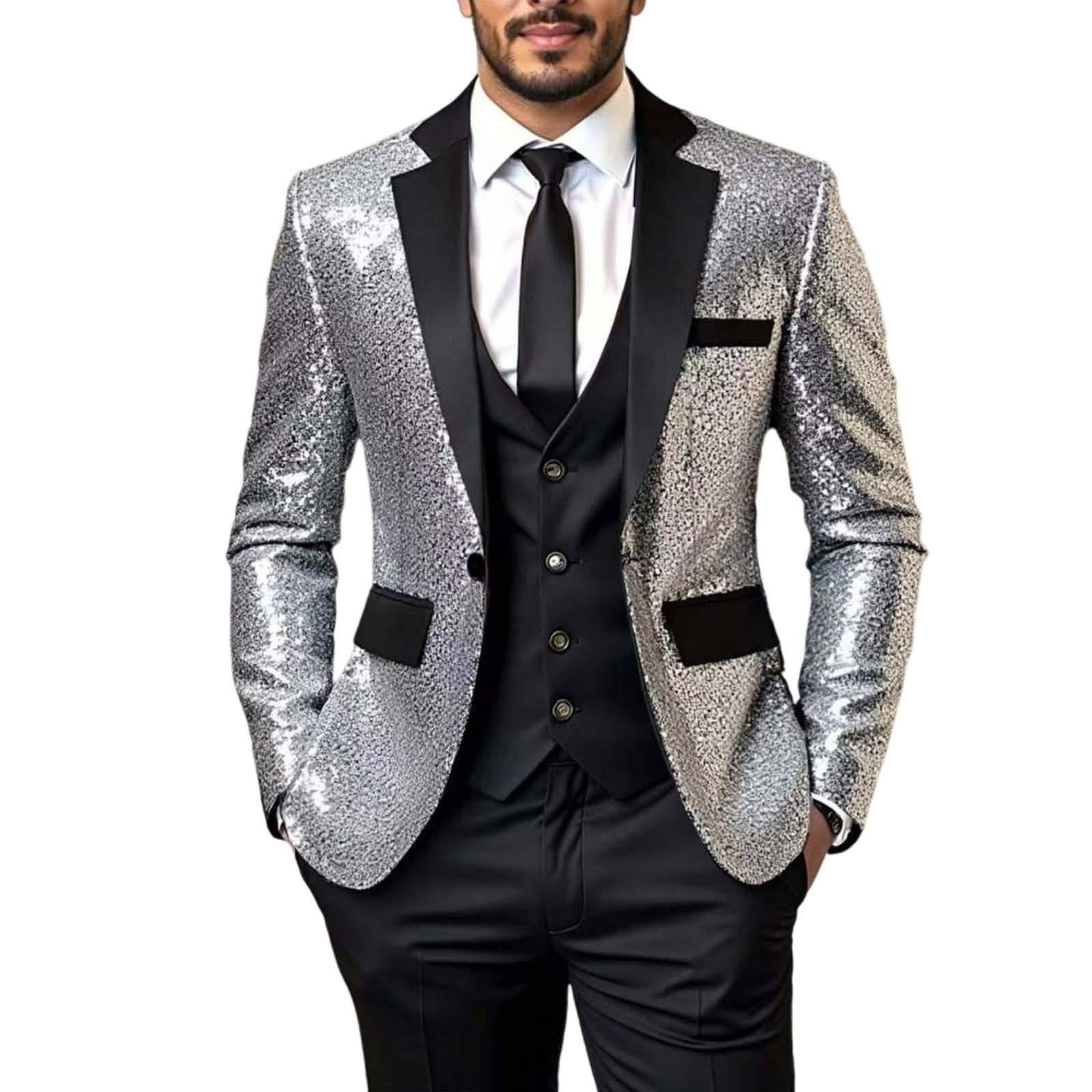 LMOIPLI Mens Sequin Suit Jacket Shiny Blazer One Button Sparkly Glitter ...
