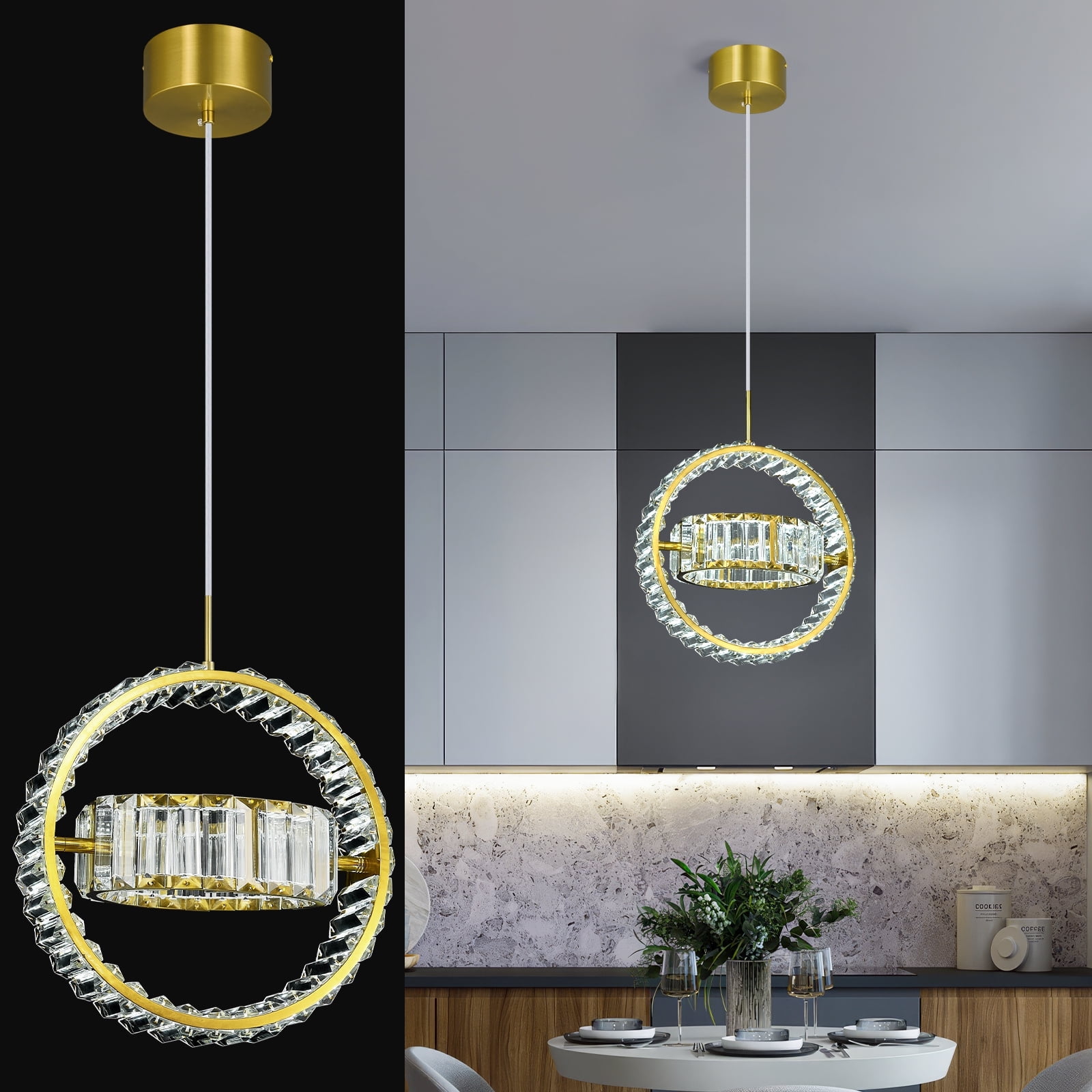 LMQNINE Modern Crystal LED Pendant Light,Dimmable 35W Gold Lighting for ...