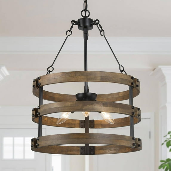 LNC 3-Light Rustic Barrel Chandelier with Faux Wood Finish and Matte ...
