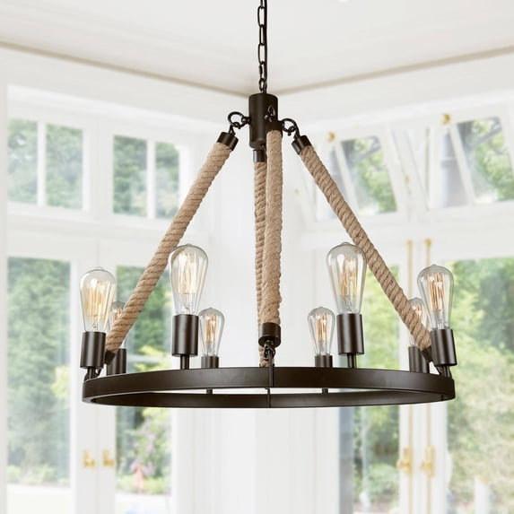 LNC 8-Light Farmhouse Round Chandelier with Rope and Dark Coffee Metal ...