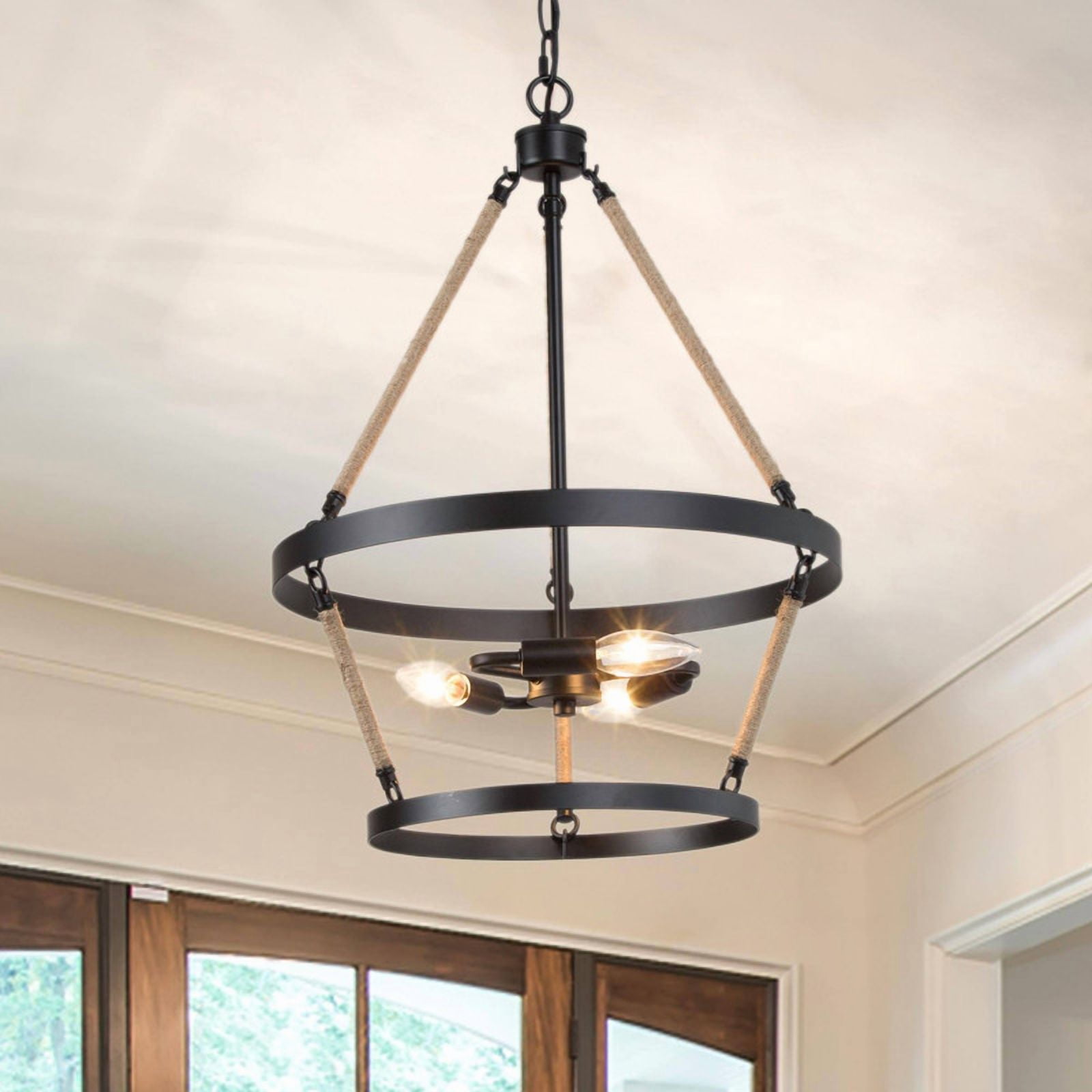 LNC Claunifer 3-Light Matte Black Farmhouse Pendant with Rope Accents ...