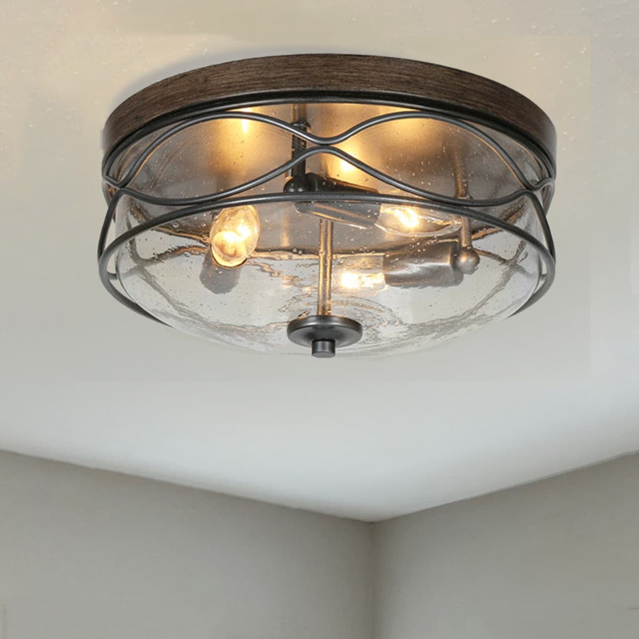 LNC Clyno Modern Farmhouse 3-Light Dark Wood Grain Seeded Glass Cage ...