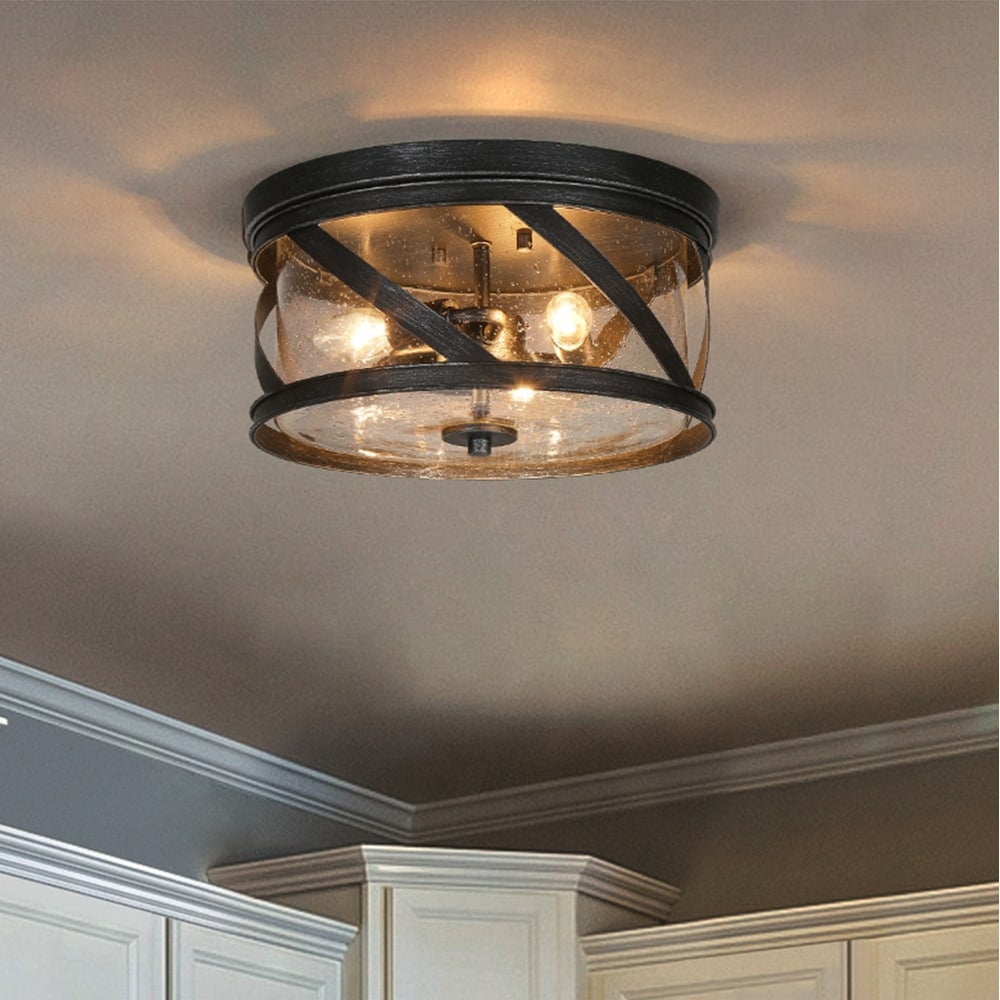 LNC Clyno Modern Industrial 3-Light Antique Black Seeded Glass Drum ...