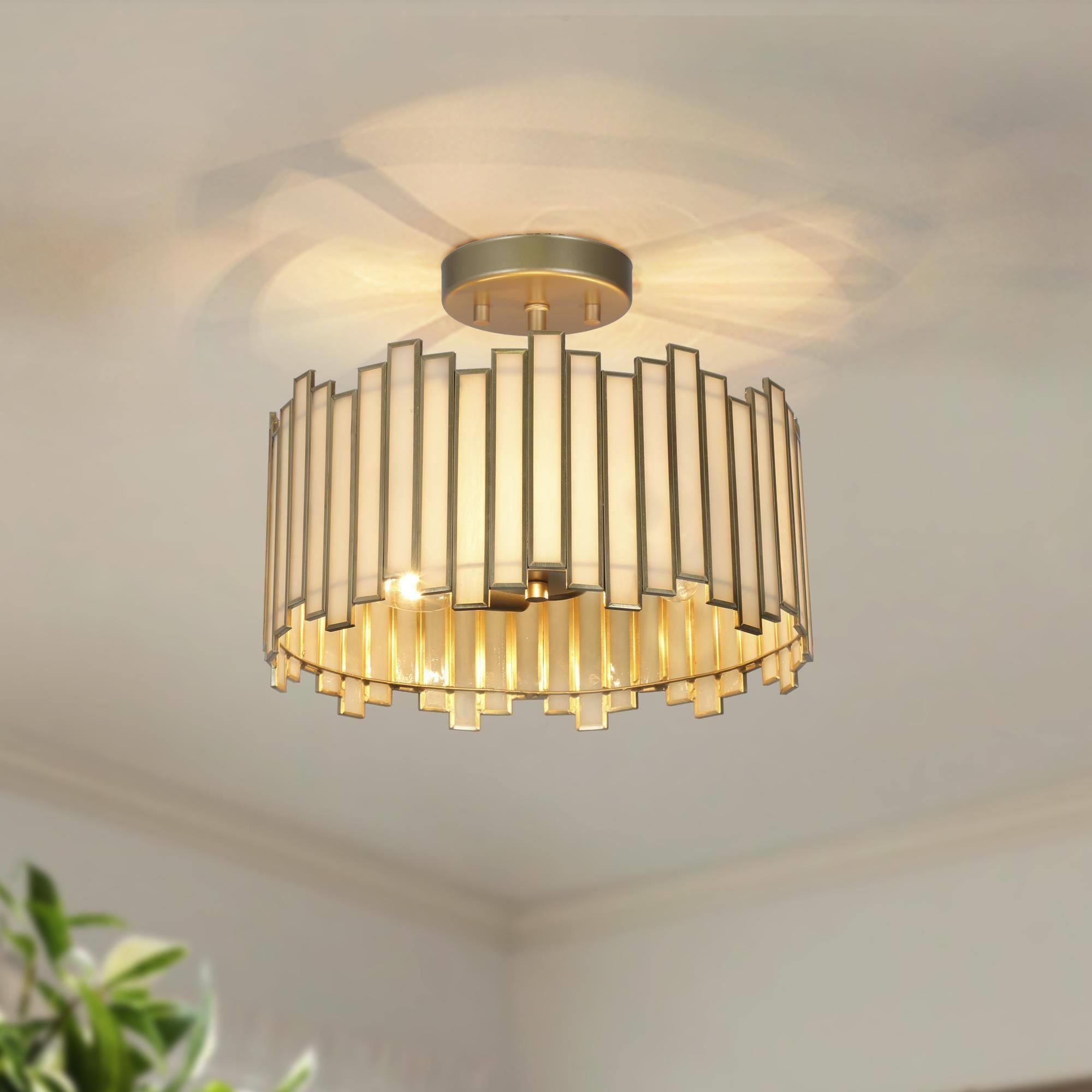 LNC Demo 3-Light 13-in Matte Gold and Tiffany Glass LED Semi-flush Mount Light,13"Lx10"Hx13"D ...