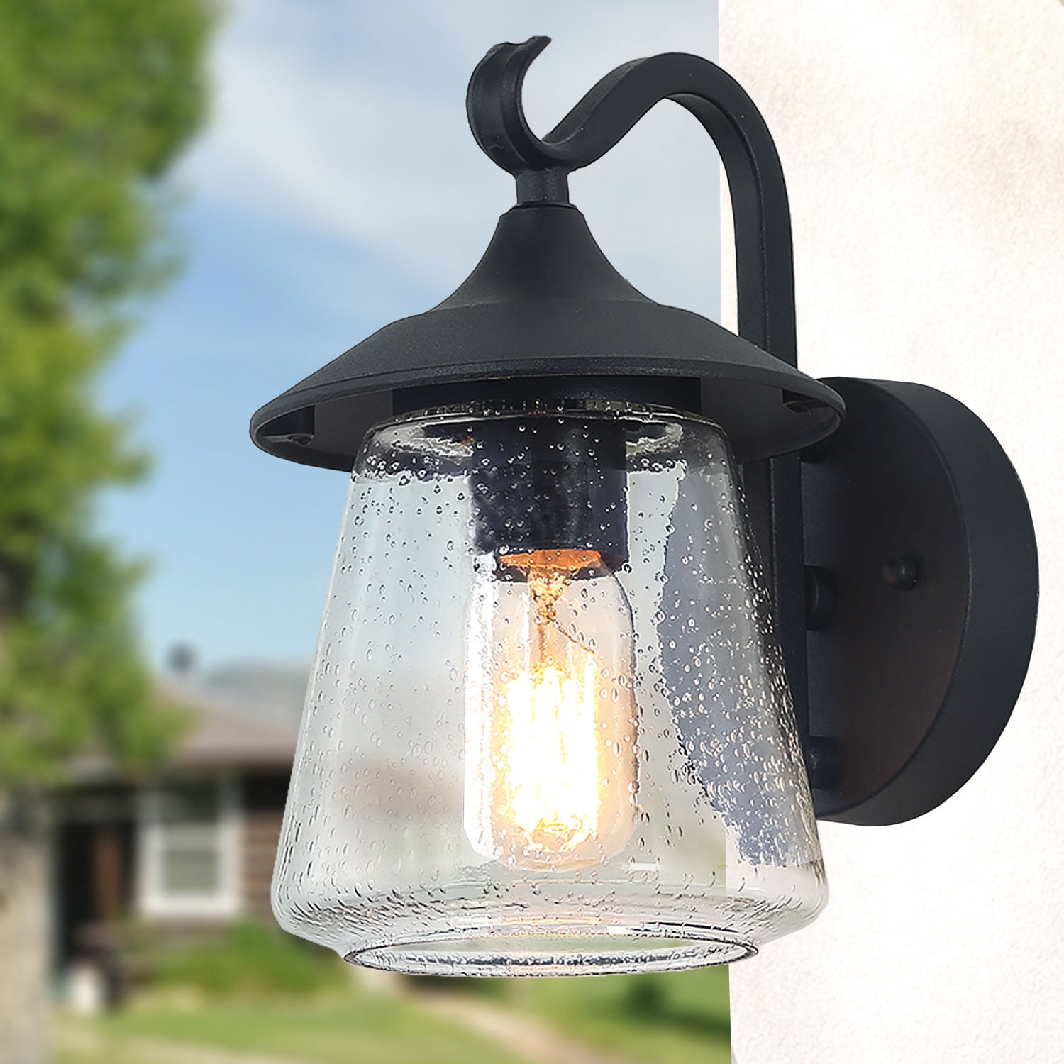LNC Farmhouse Outdoor Wall Light with Clear Seeded Glass,Black Wall ...