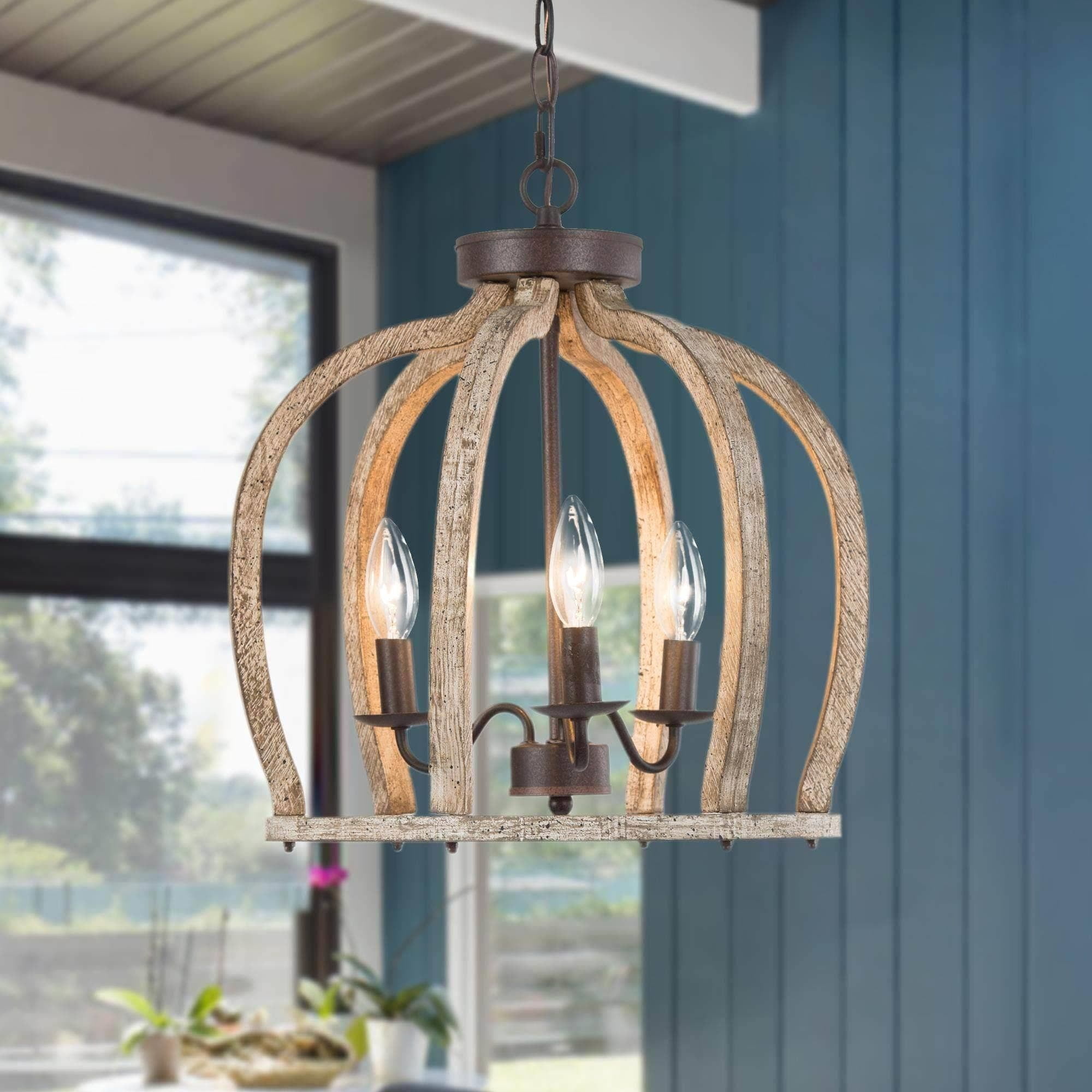 LNC Modern Farmhouse 3-Light Wood Cage Chandelier Lantern Pendant ...