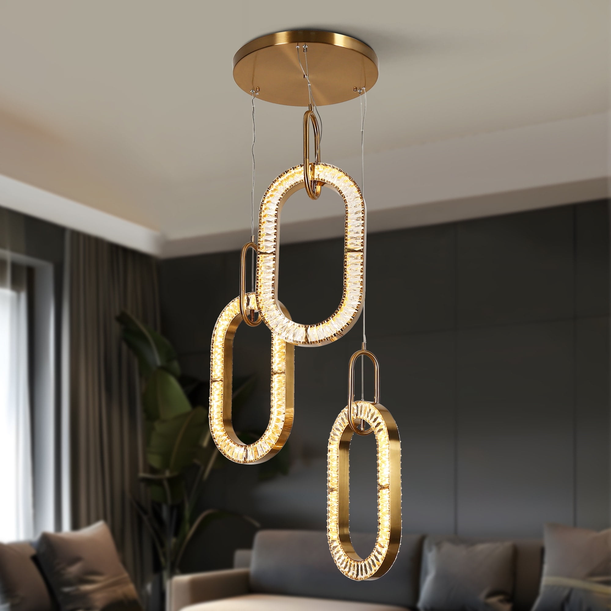 LNC Modern Gold LED 3-Light Crystal Chandelier Cluster Pendant Lights for Kitchen Island ...