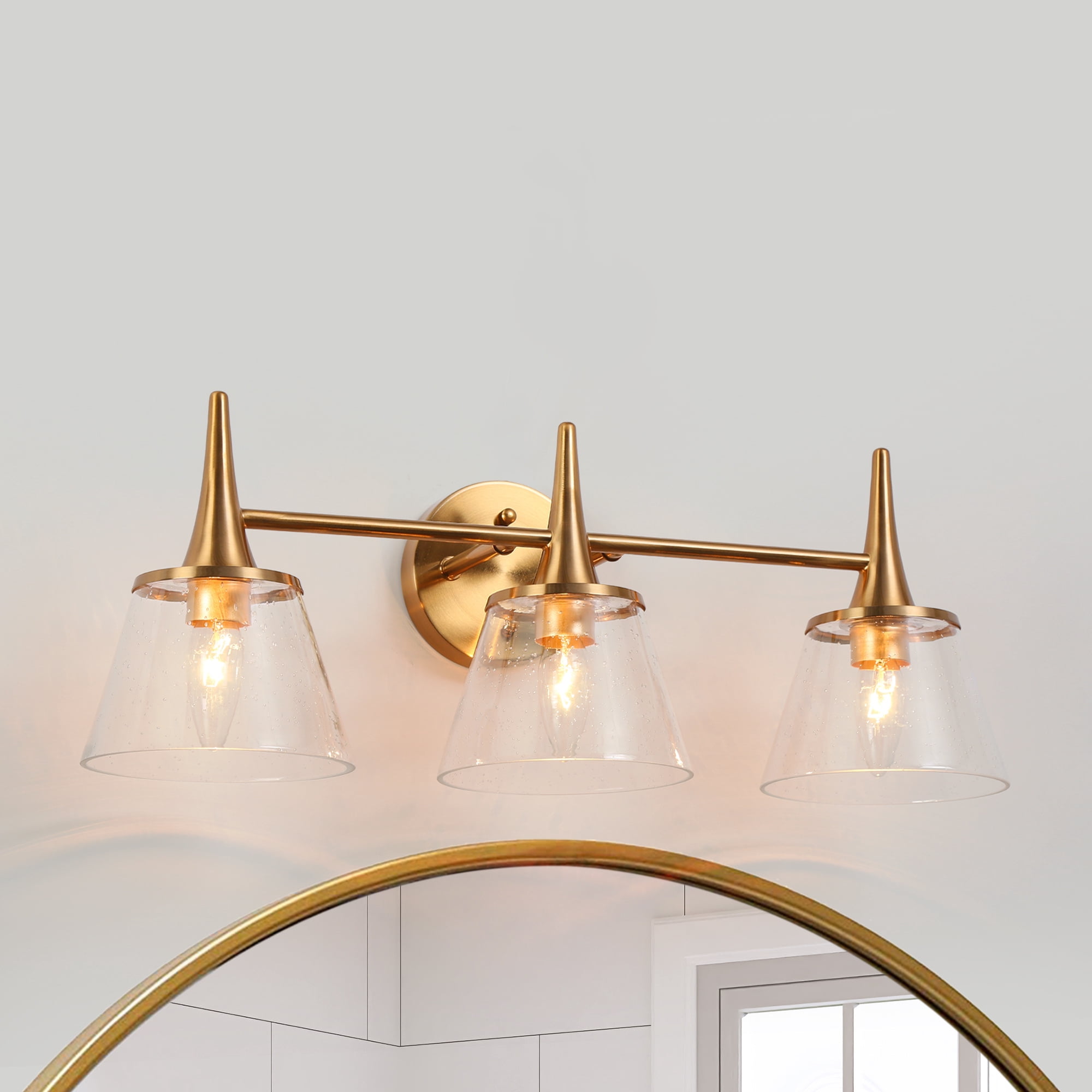 LNC Gold 3-Light Bathroom Vanity Light with Seeded Glass Conical Shades ...