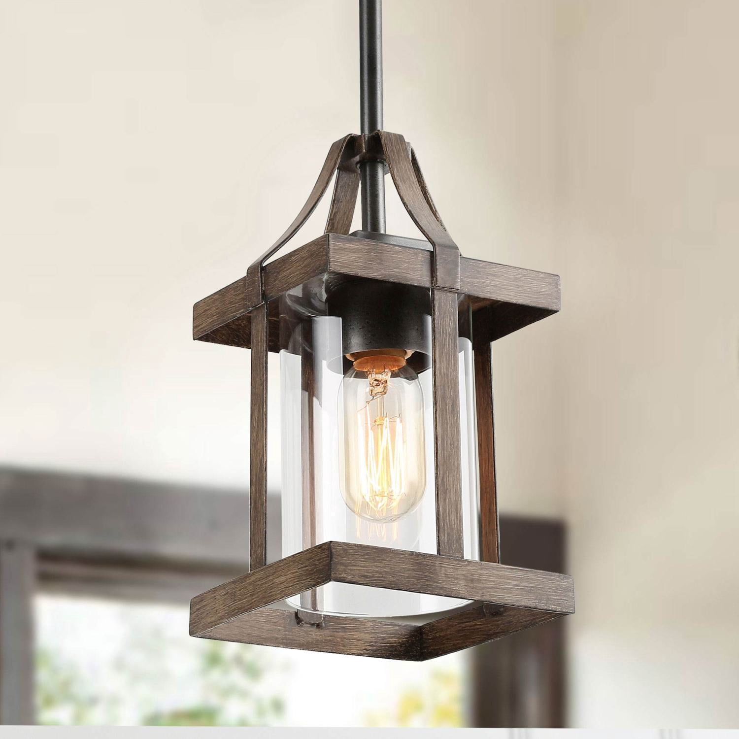 LNC Single Pendant Light with Glass Farmhouse Style in Wood Grain ...