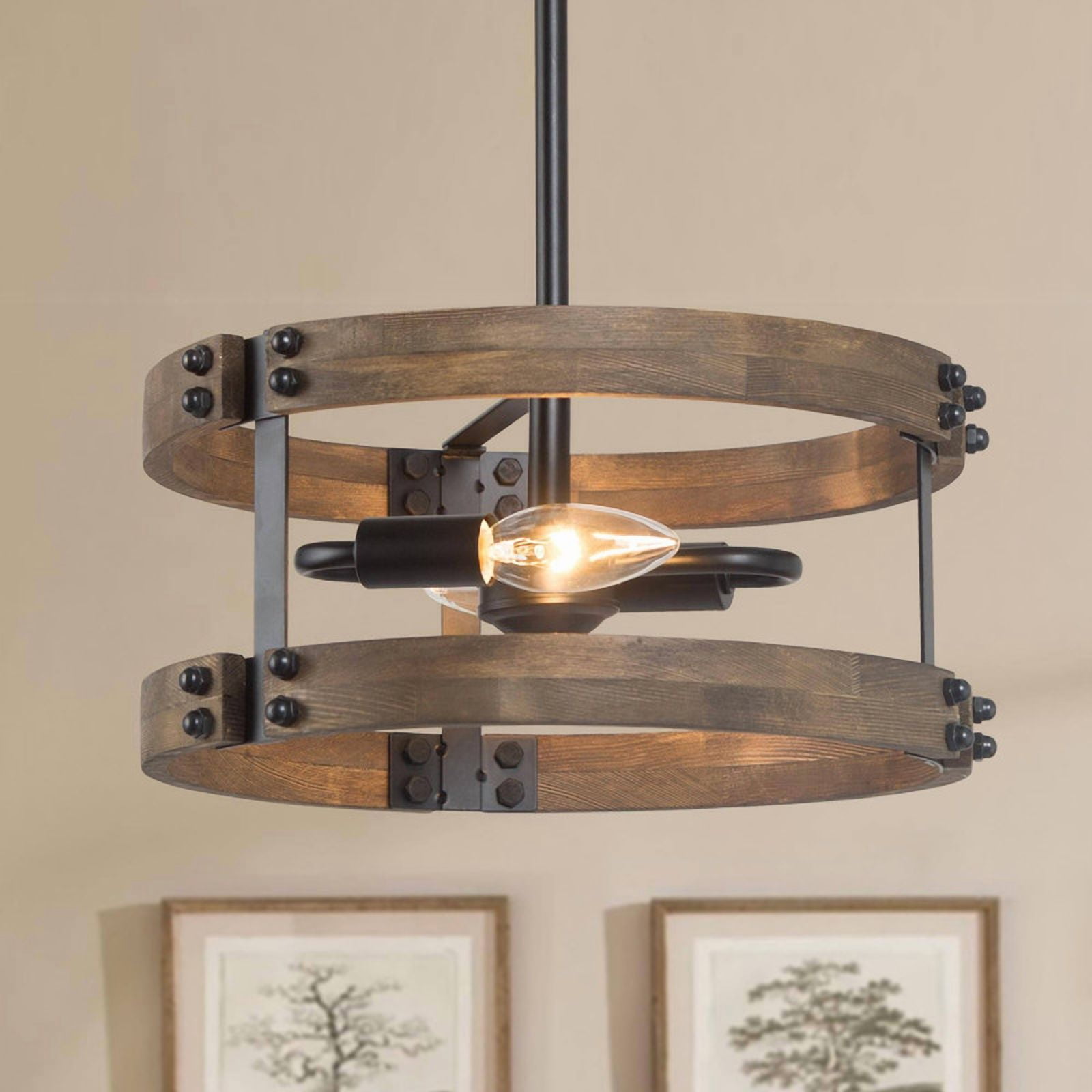 LNC Stuyshg 1-Light Mini Pendant Light in Matte Black and Rustic Wood ...