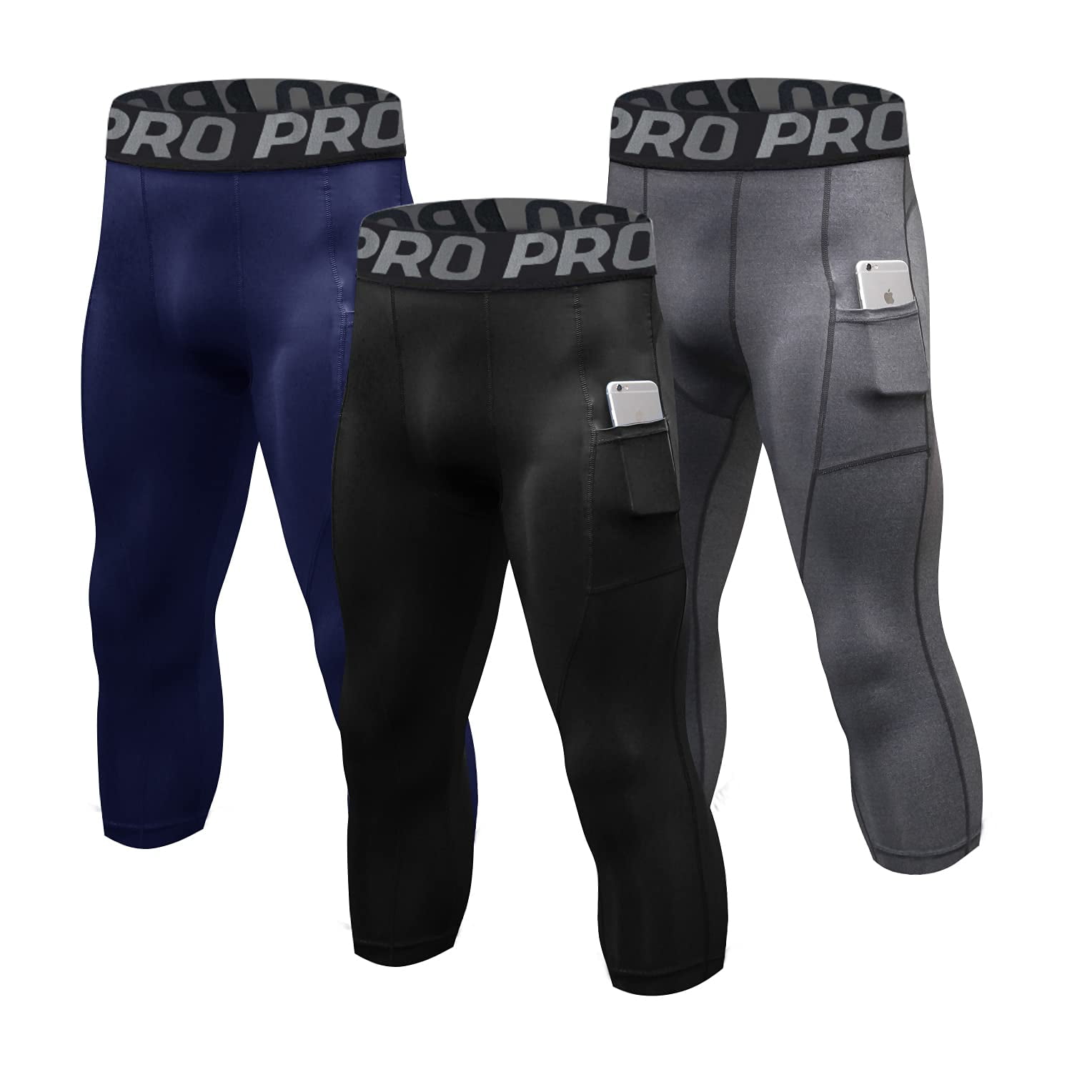 LNFINTDO 3 Pack Mens 3/4 Compression Pants Basketball Running Tights ...