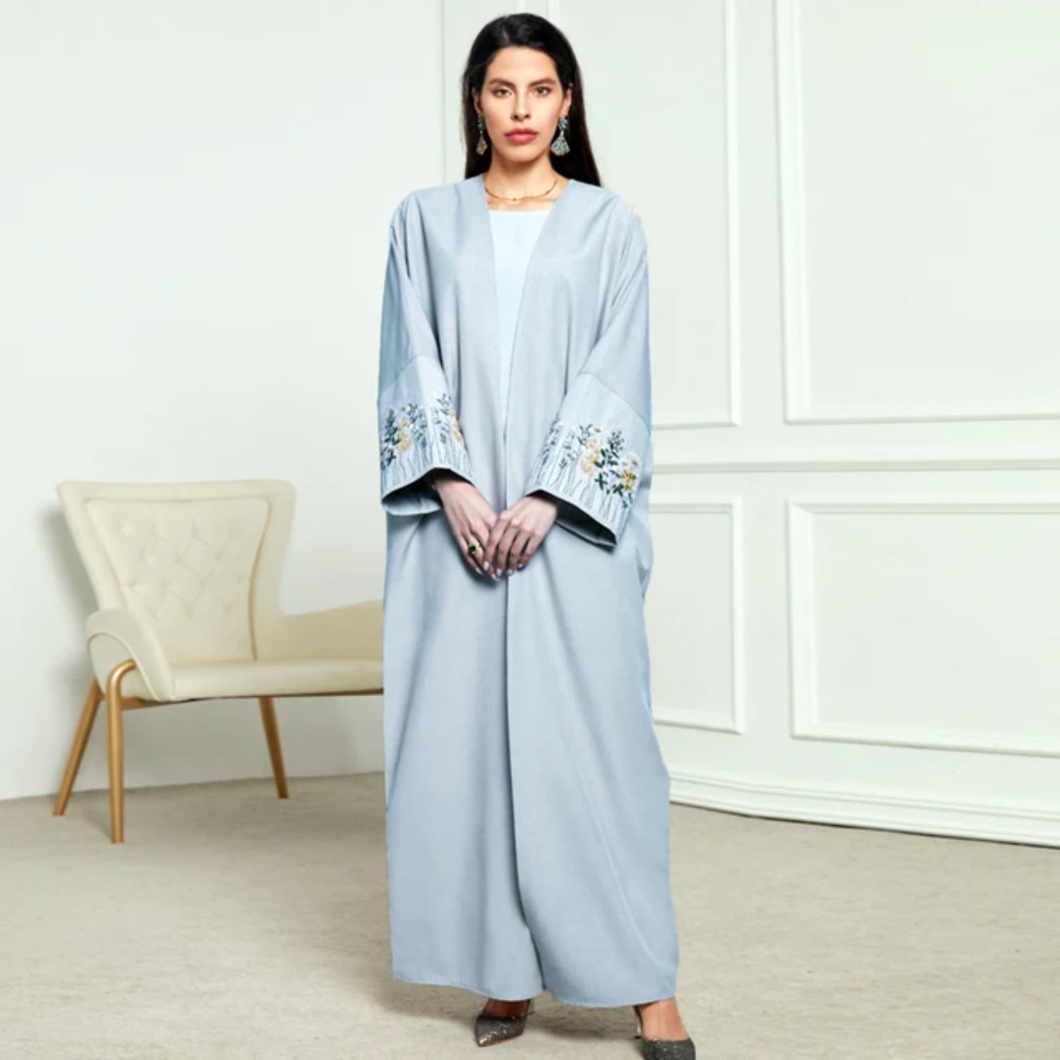 LNGHEJZ 2024 Ramadan Keffiyeh Abaya Robe Kimono Palestinian Embroidery Flower Muslim Open Abayas ...