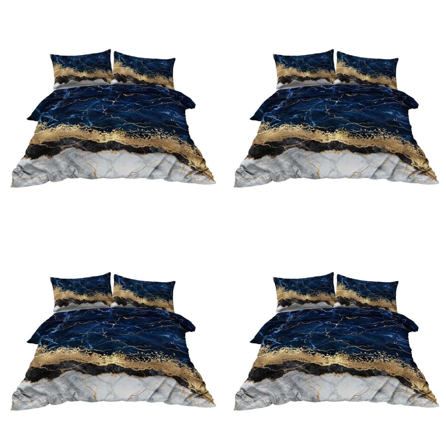 LNGHEJZ Elegant Blue and Gold Marble Design 3-Piece Bedding Set with ...