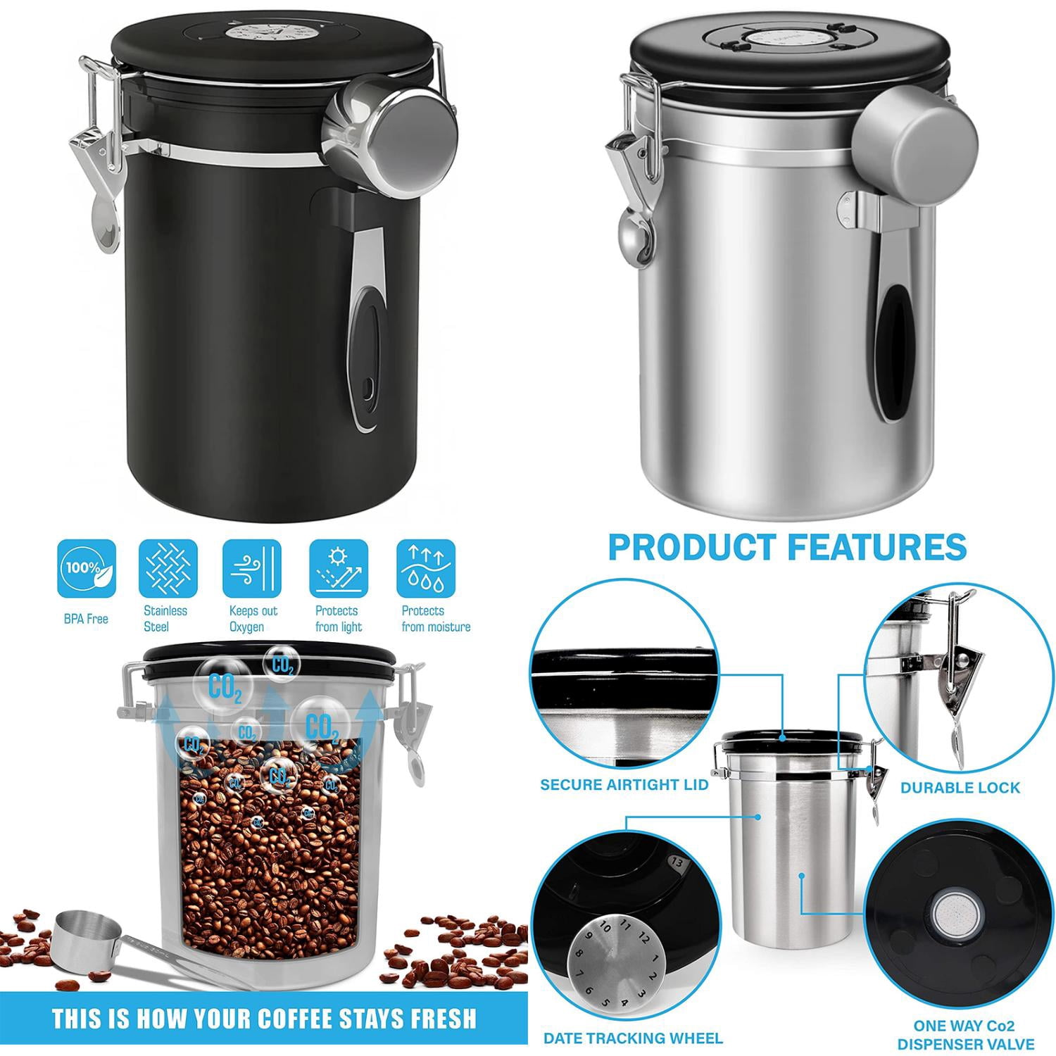 LNGHEJZ Long-lasting Stainless Steel Coffee Canister with Reliable and ...