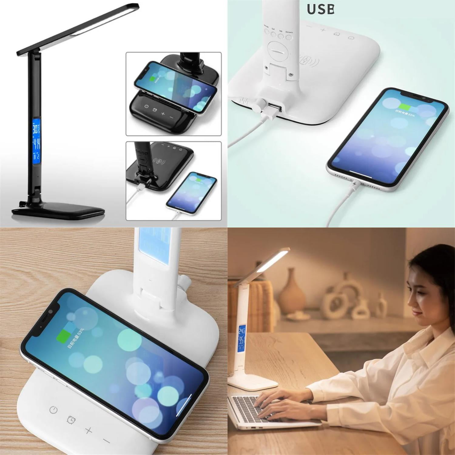 LNGHEJZ Wireless Charging LED Desk Lamp With Calendar Temperature Alarm ...