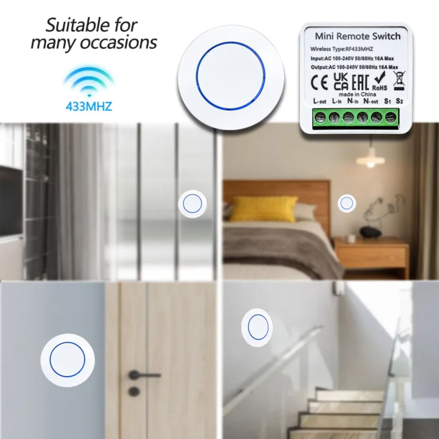 LNGHESM 433Mhz Wireless Light RF 10A Remote Control 100-240V Receiver ...