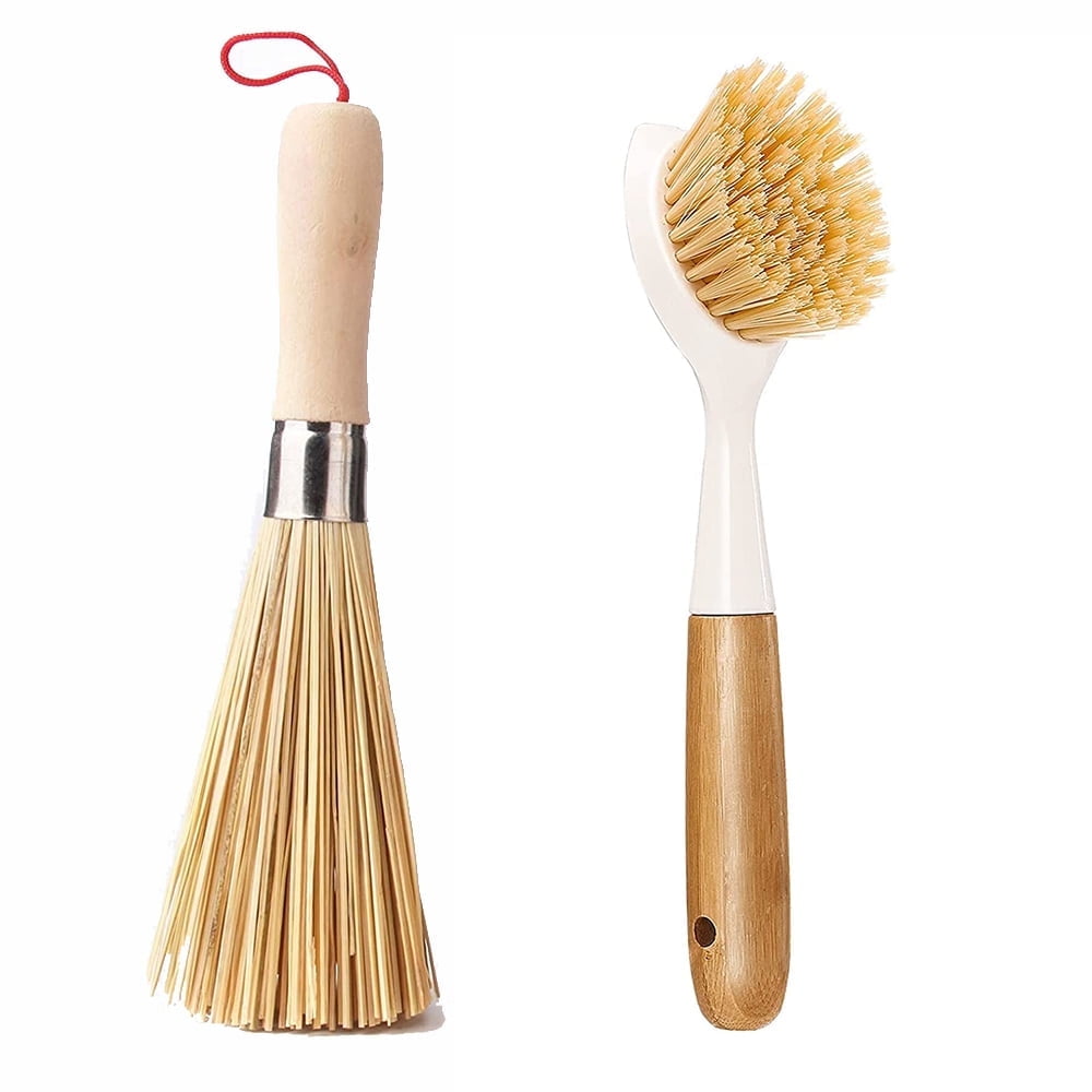 LNGOOR 2PCS Bamboo Wok Brush Wood Handle Kitchen Dish Brush for Pans ...