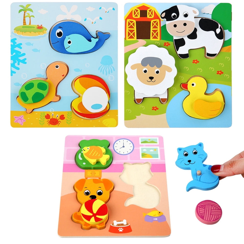 LNGOOR 3 Pack Wooden Puzzles for Toddler 1-3 Years Old Wood Jigsaw ...