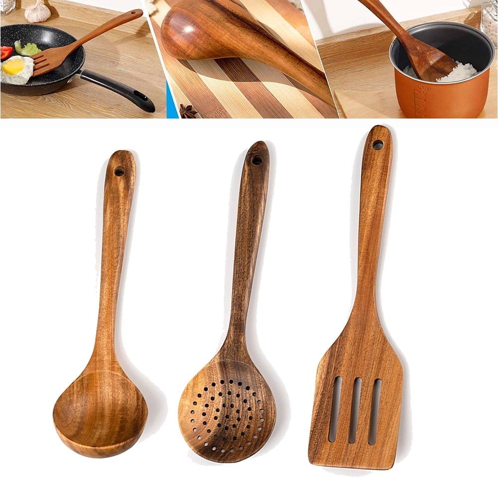 LNGOOR 3 Piece Non Stick Wooden Spoon Set - Natural Wood Kitchen ...