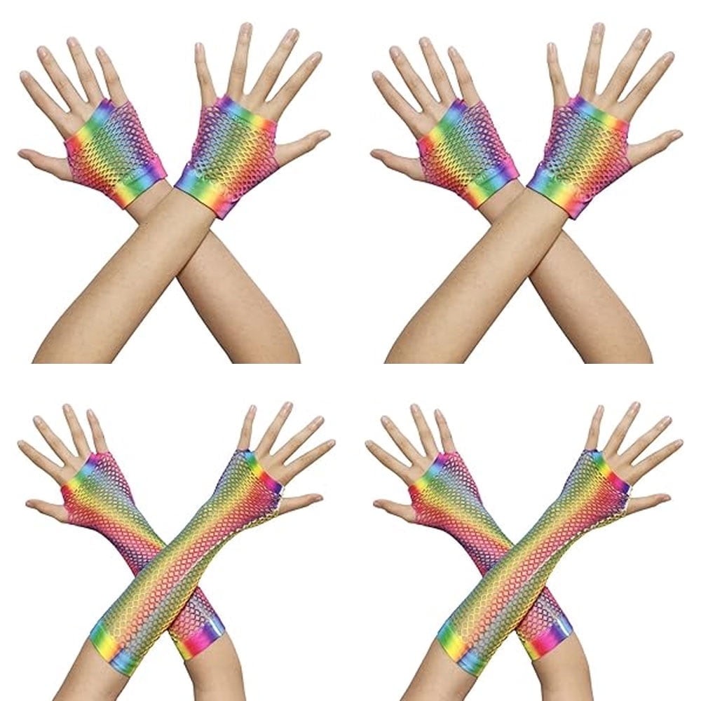 LNGOOR 4 Pair Rainbow Fingerless Fishnet Gloves Long Fishnet Mesh ...