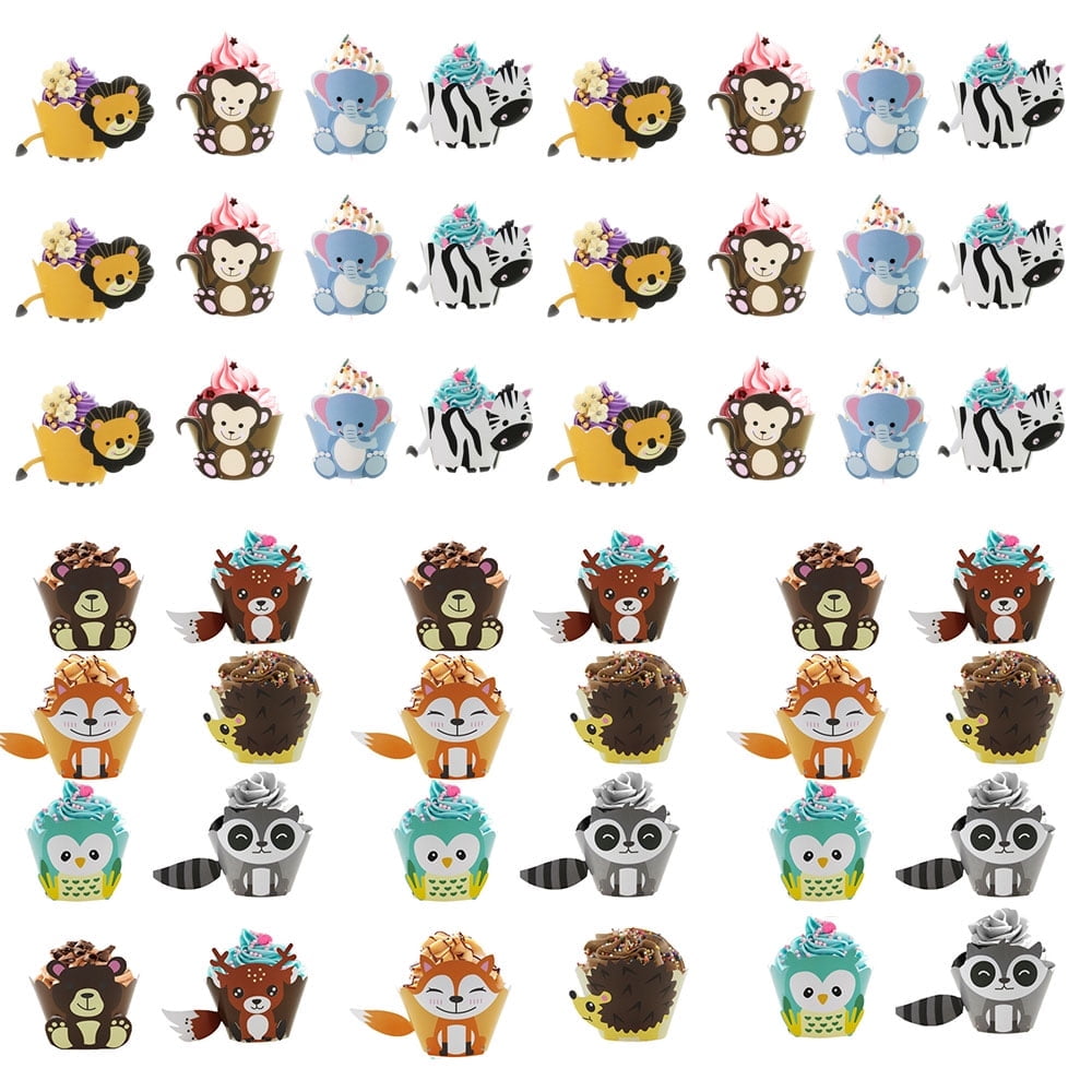 LNGOOR 48Pcs Animal Cupcake Wrappers, Jungle Safari Wild Animal Cake ...