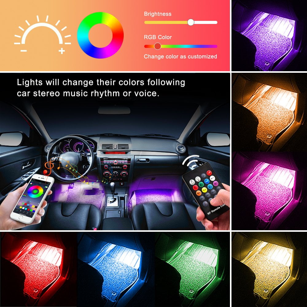 LNGOOR 4PCS 48 LED Interior Lights DC 12V Multicolor Music Car Strip ...
