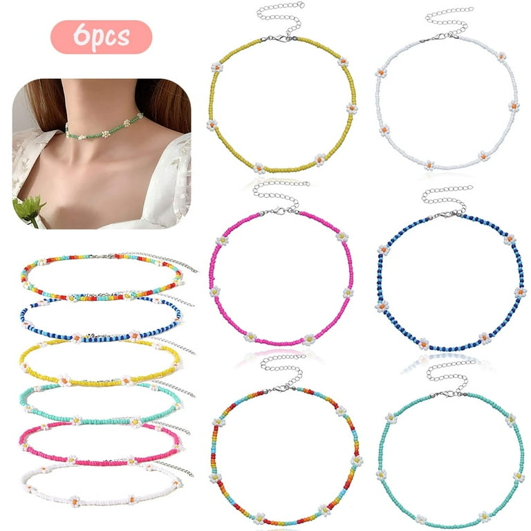 LNGOOR 6Pcs Beaded Choker Necklaces for Women Vsco Boho Handmade Flower Necklace Cute Necklace for Teen Girls Beach Necklace Set