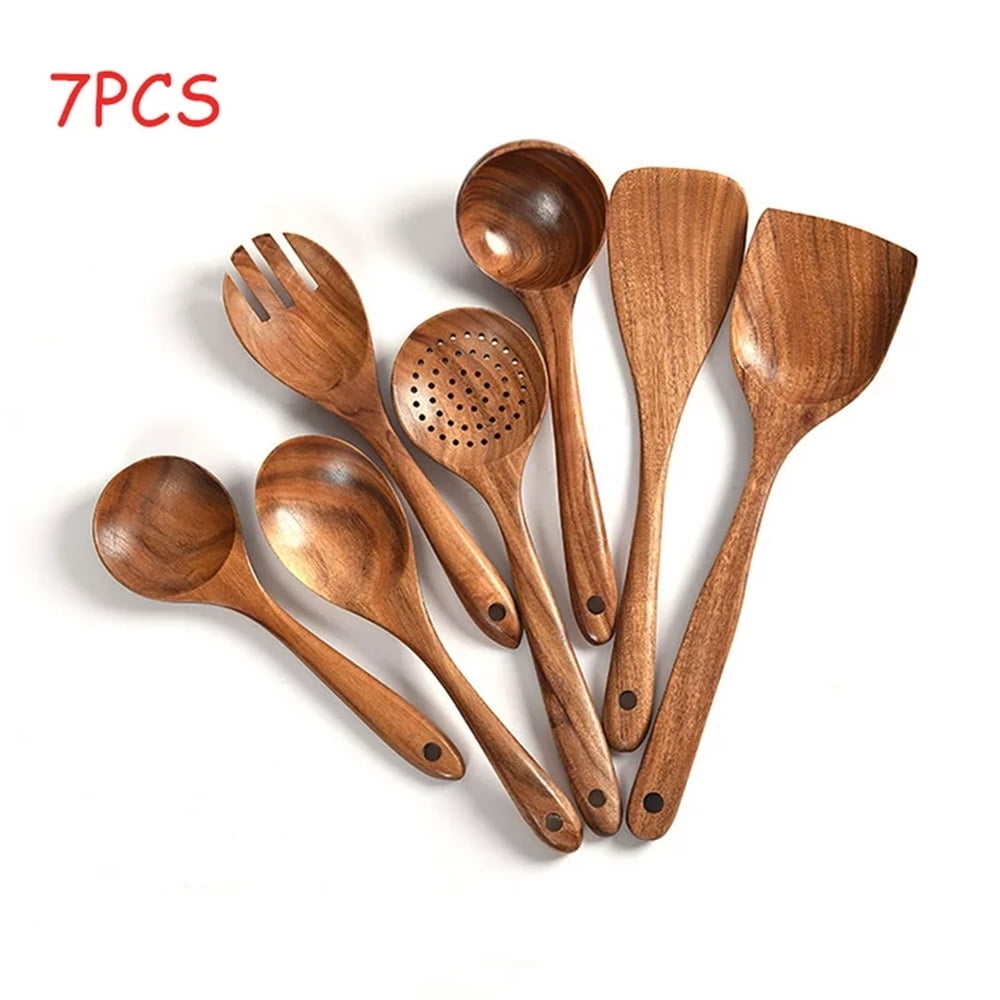 LNGOOR 7 Pack Wooden Spoons for Cooking, Teak Wood Kitchen Utensils Set ...