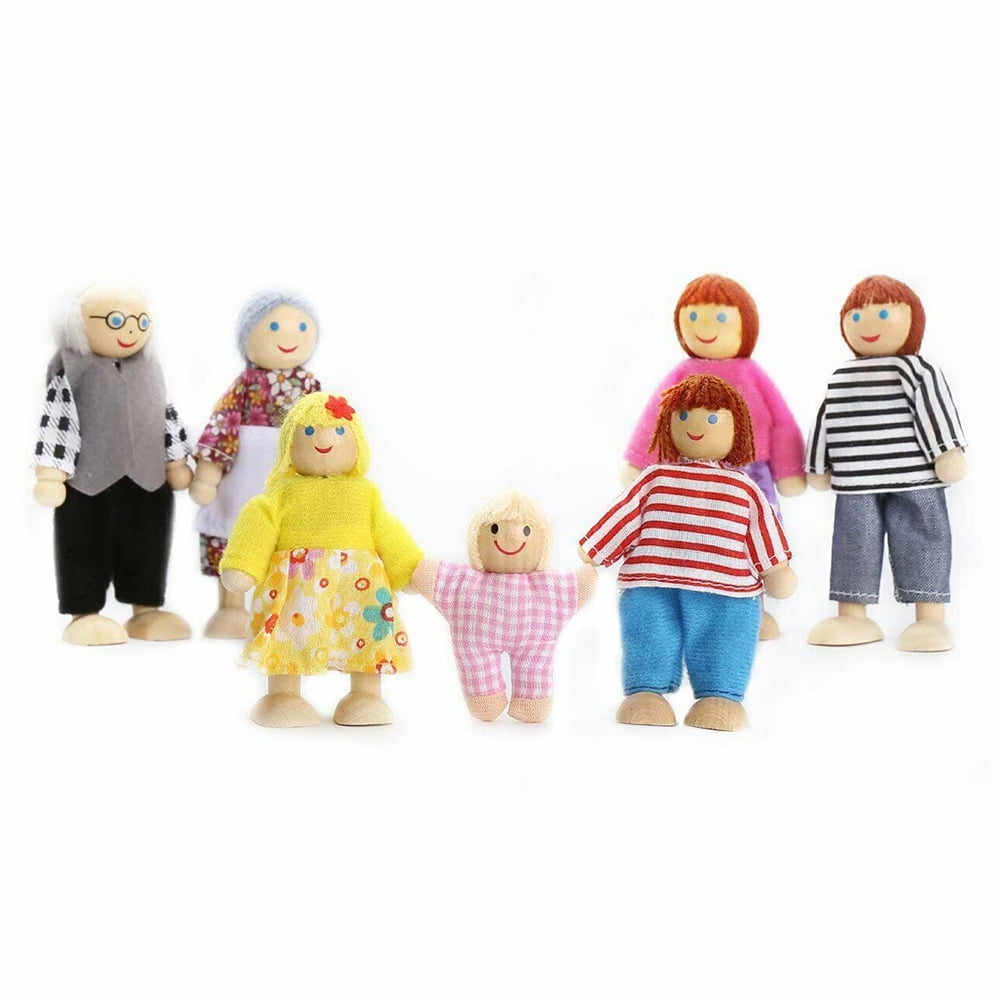 LNGOOR Dolls Family Wooden Dolls Playset Wooden Figures Set of 7-Piece ...