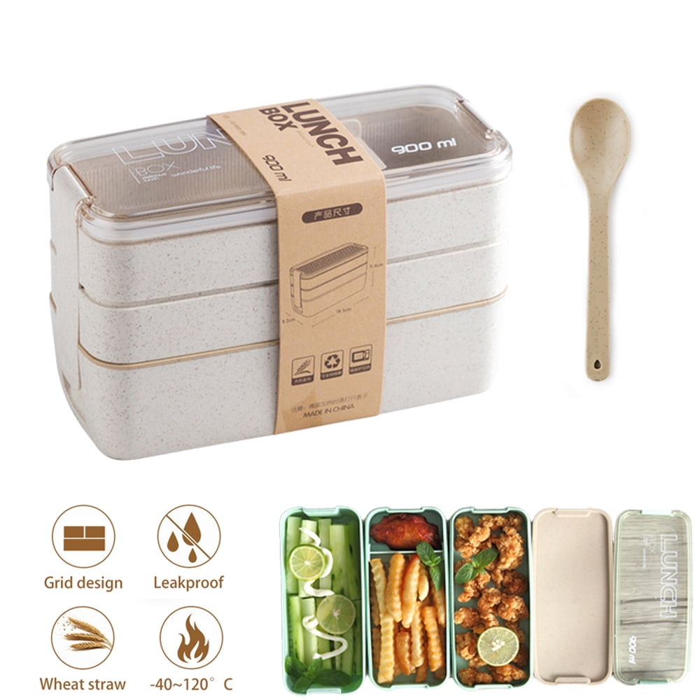 LNGOOR Stackable Box Lunch Box, Wheat Straw, 3-In-1 Compartment ...